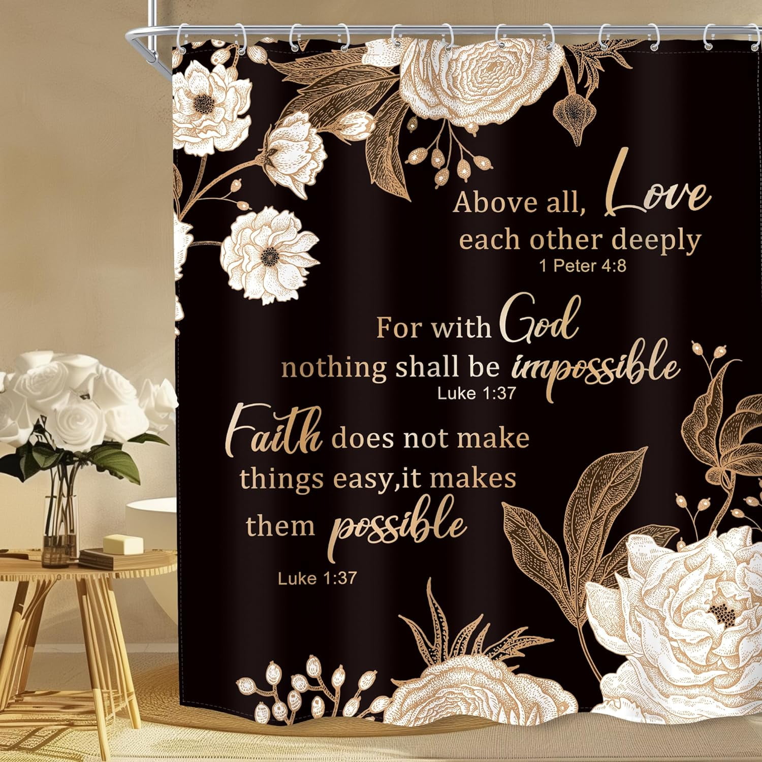 Black and Gold Shower Curtain Vintage Brown Flower Shower Curtain Peony ...