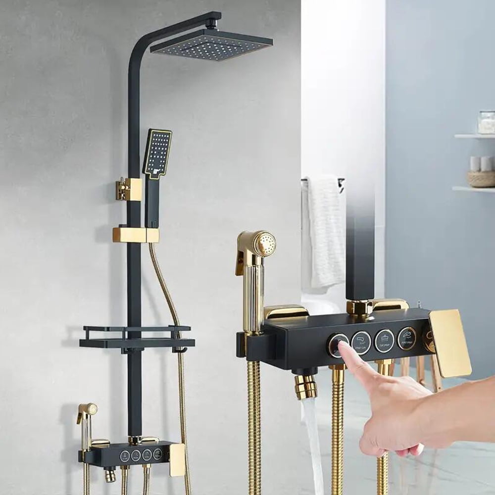 Black&Gold Shower Faucet Set 8in Rainfall Shower Head Exposed Shower ...