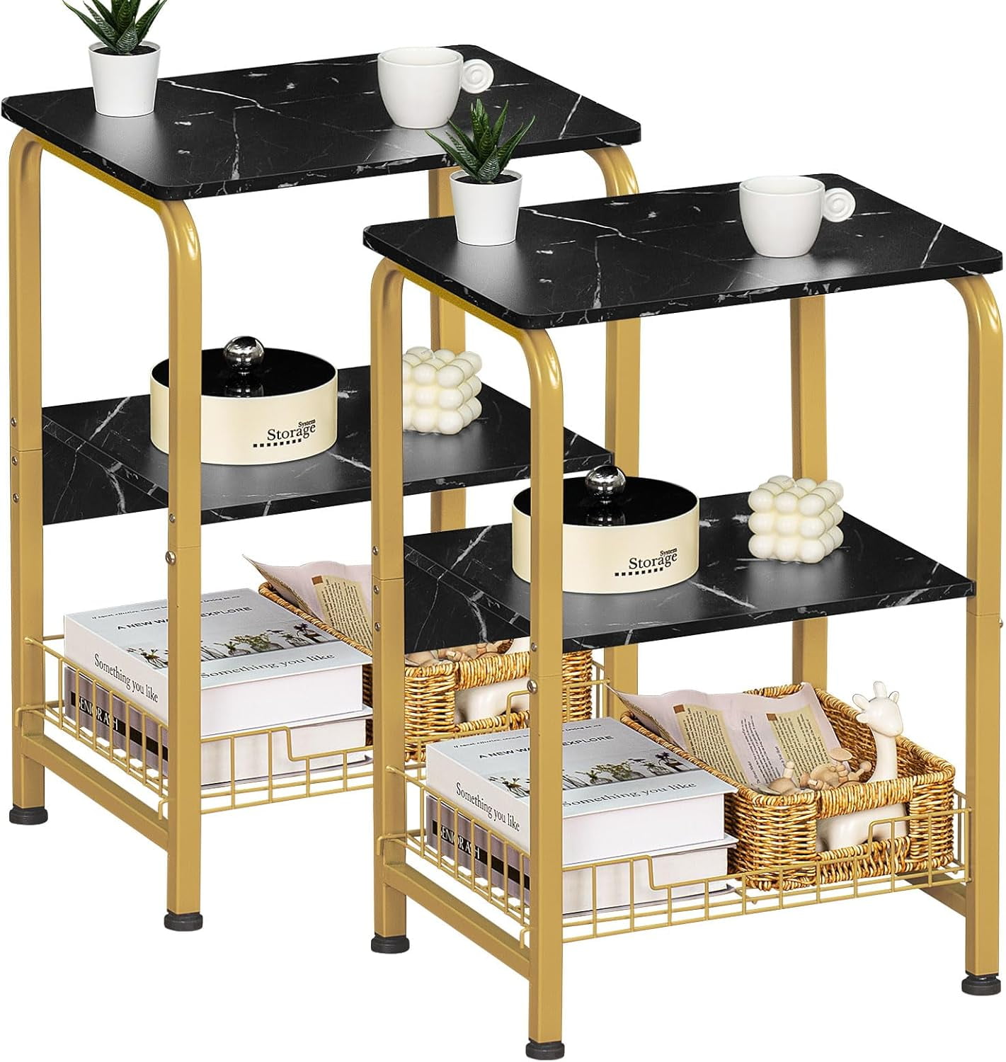 Black and Gold Side Table Set of 2,3-Tier Small End Table with Storage ...