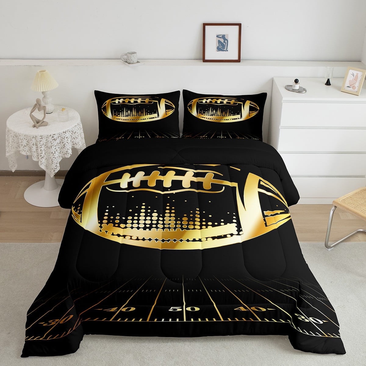Black and Gold Soccer Bedding Sets King Football Comforter Bedroom ...