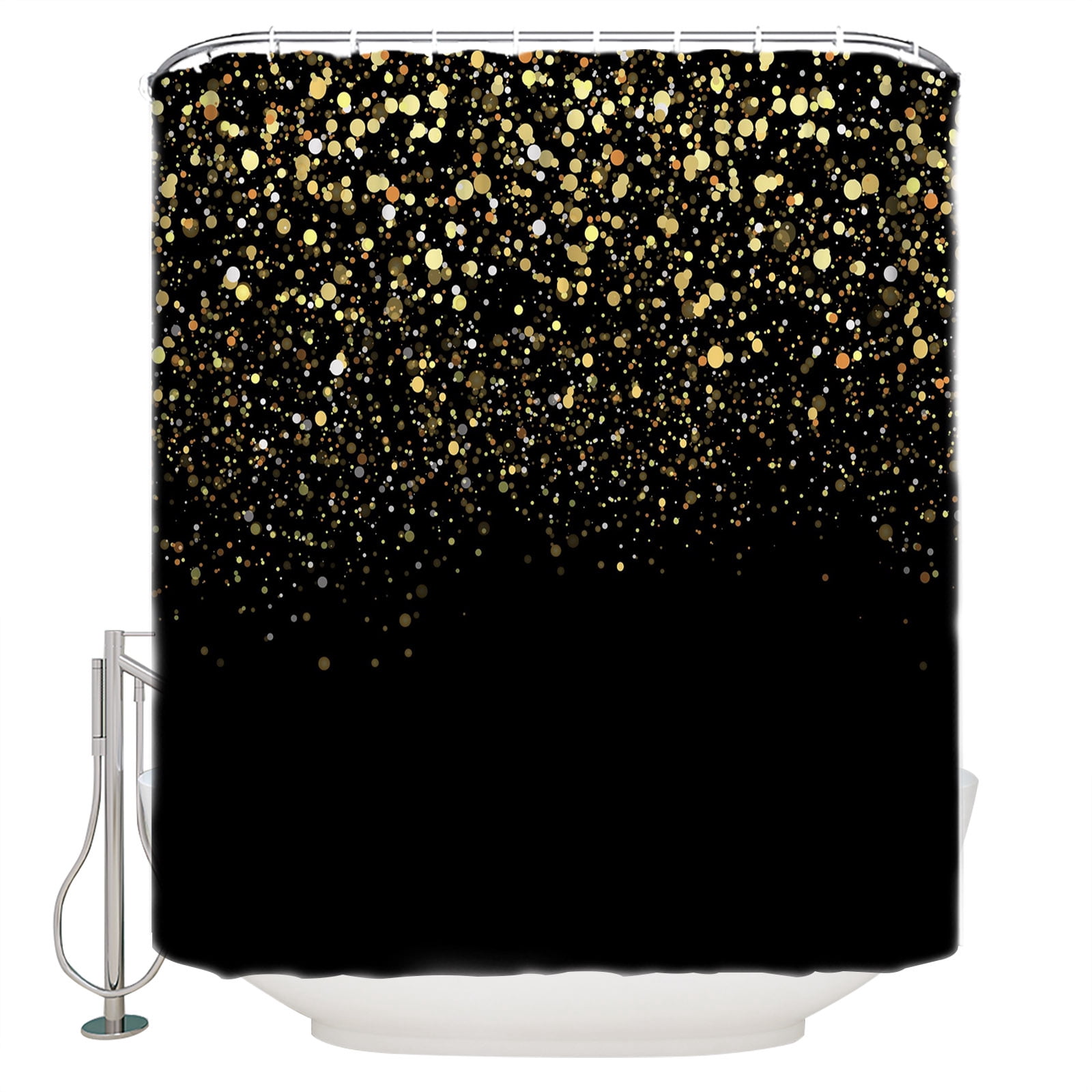 Black Gold Sparkles Bathroom Shower Curtains with 12 Hooks Polyester ...