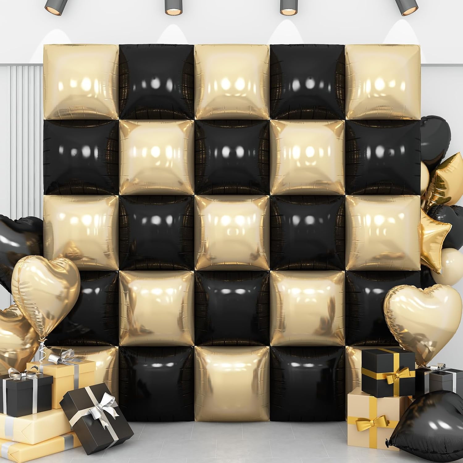 Black Gold Square Foil Balloon Wall,25Pcs Champagne Gold Double Sided ...