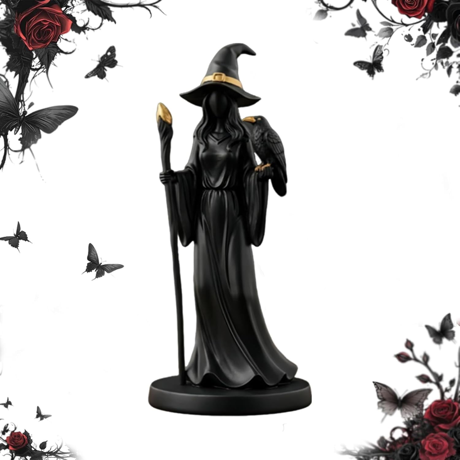 Black Gold Staff Witch Sculpture, Elegant Halloween Witch Decor with ...