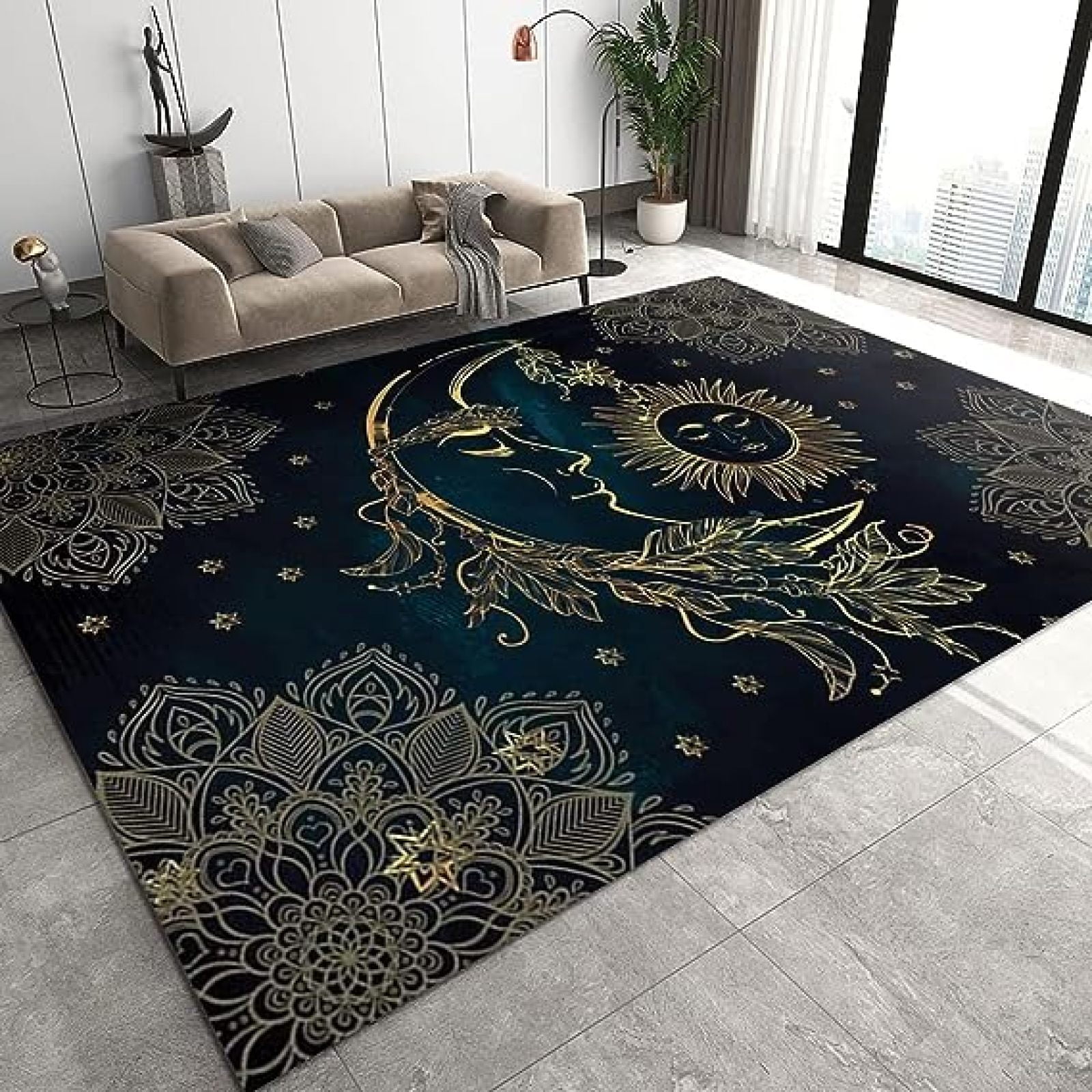Black Gold Star Moon Sun Area Rug, Celestial Sun Moon And Stars Soft ...