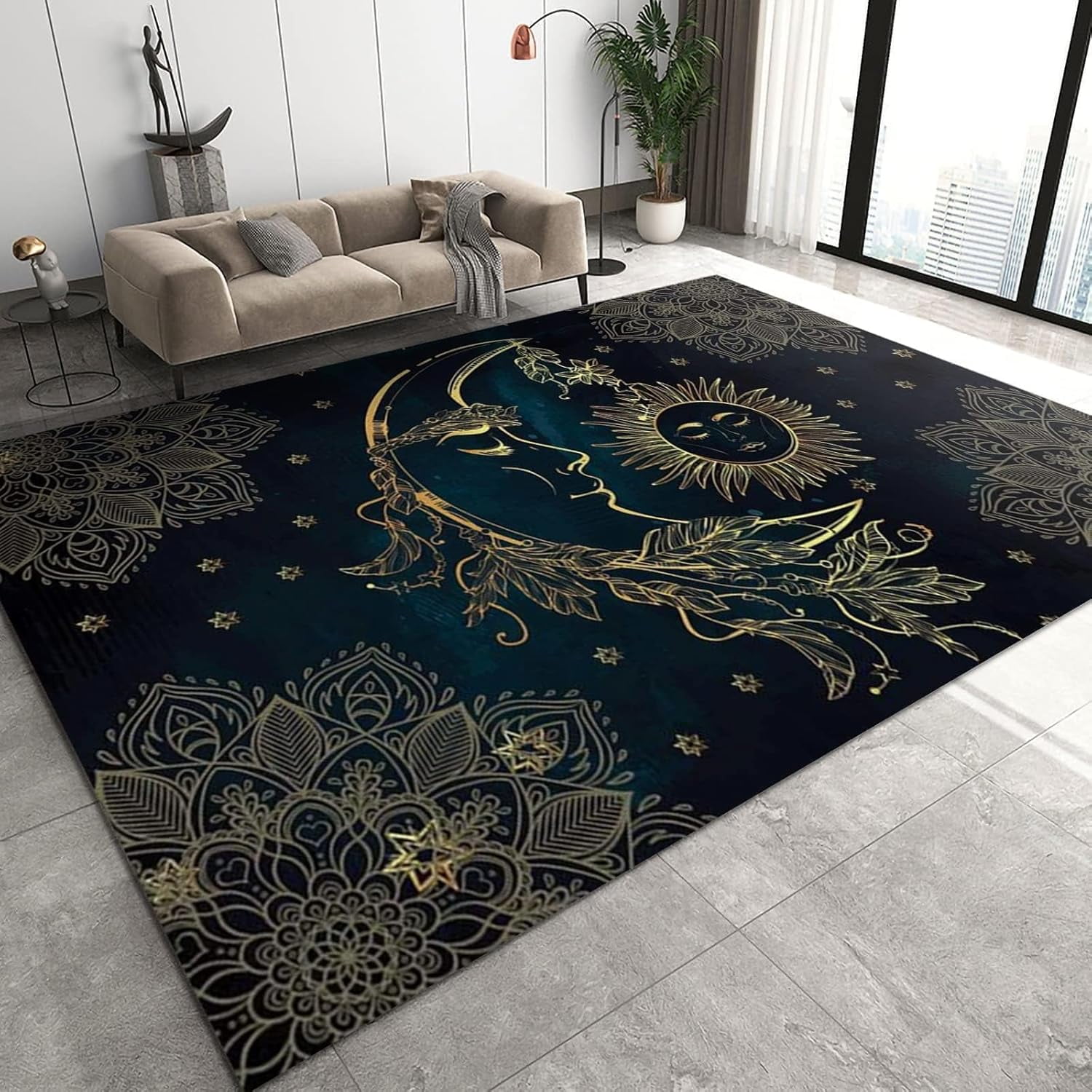 Black Gold Star Moon Sun Mandala Rugs, Indoor Non-Slip Print Large Area ...