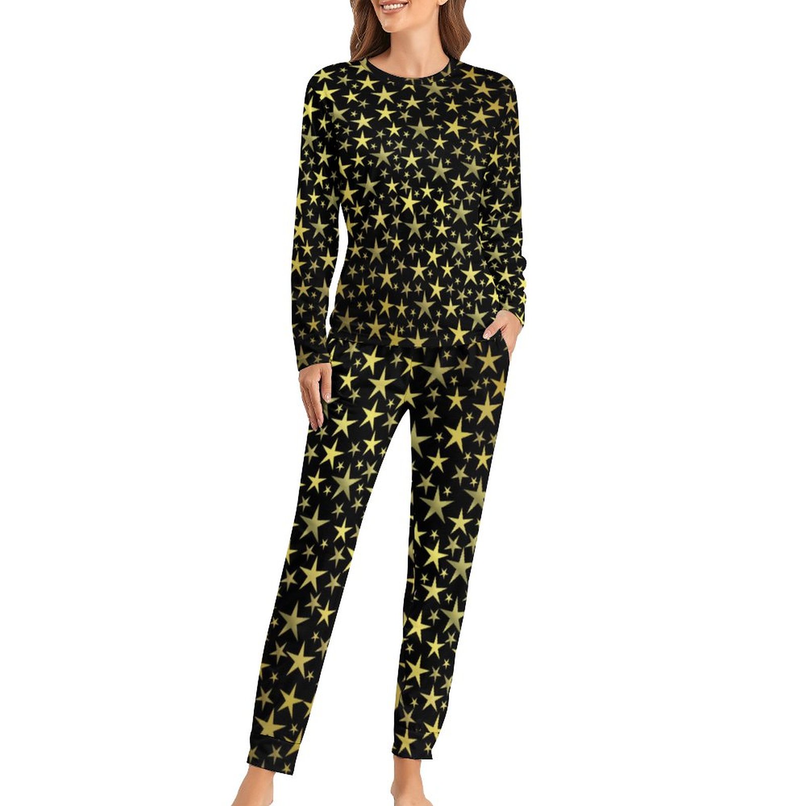 Black Gold Star Pajamas Bright Shiny Print 2 Pieces Leisure Pajama Sets ...