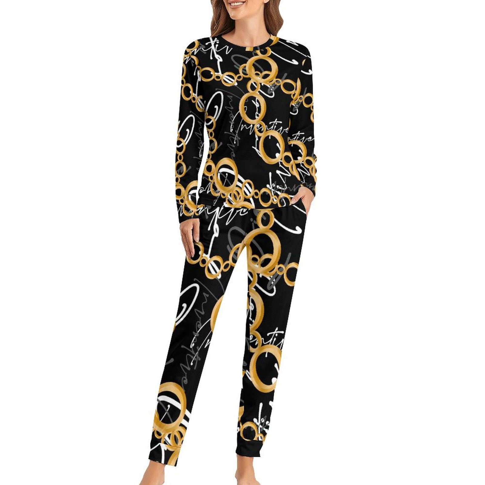 Black Gold Star Pajamas Bright Shiny Print 2 Pieces Leisure Pajama Sets ...