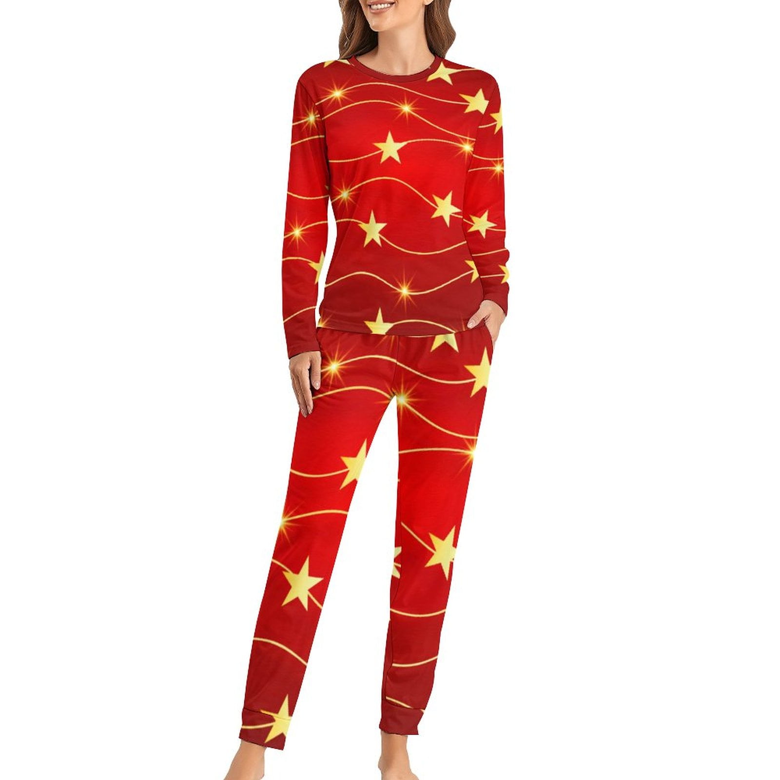 Black Gold Star Pajamas Bright Shiny Print 2 Pieces Leisure Pajama Sets ...