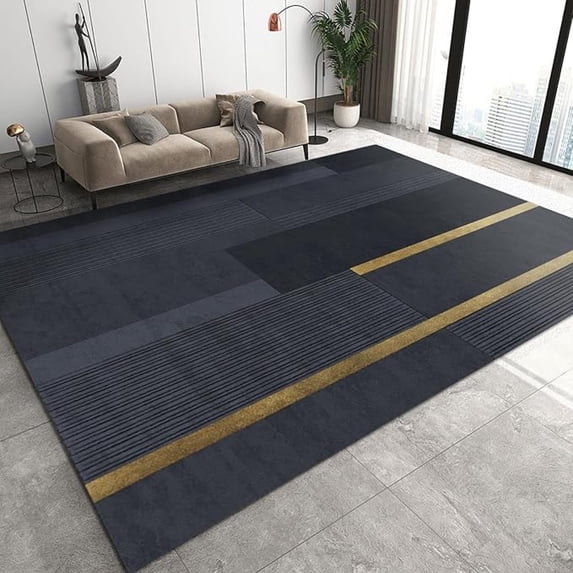 Black Gold Striped Area Rug, Simple Line Geometric Print Large Rugs ...
