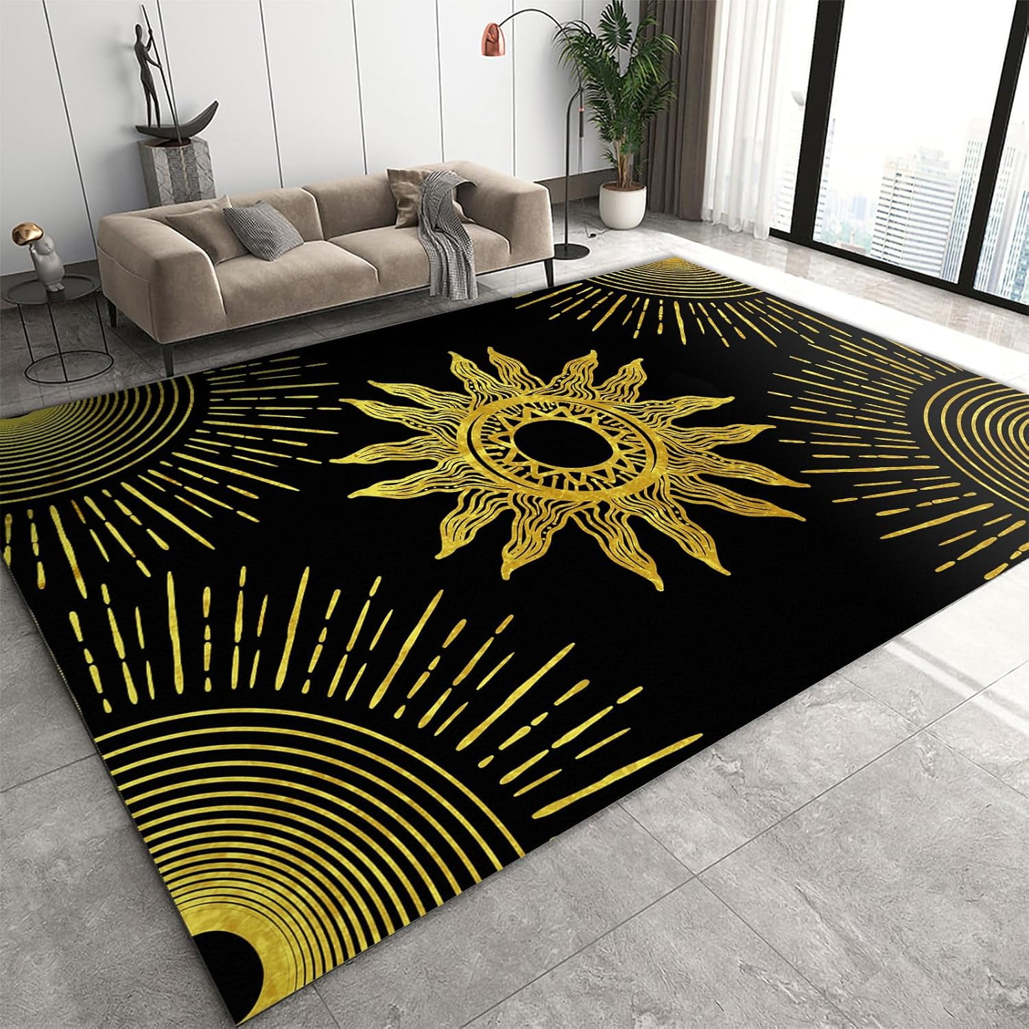 Black and Gold Sun Geometry Area Rugs, Retro Abstract Light Luxury ...