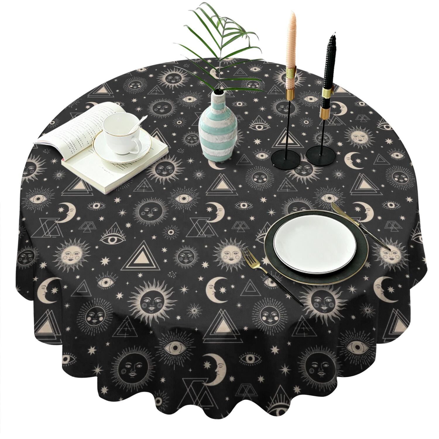 Black Gold Sun Moon Eye Triangle Pattern Round Tablecloth 60"x60 ...