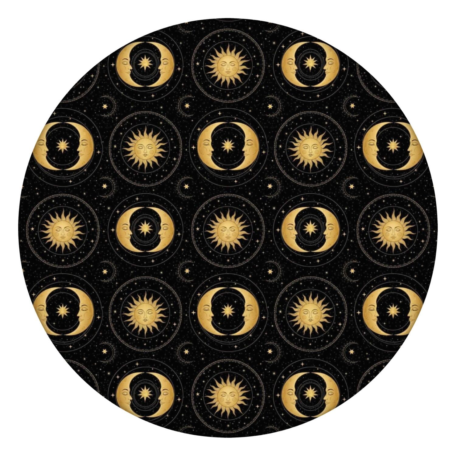 Black Gold Sun Moon Pattern Round Fitted Tablecloth with Elastic Edge ...