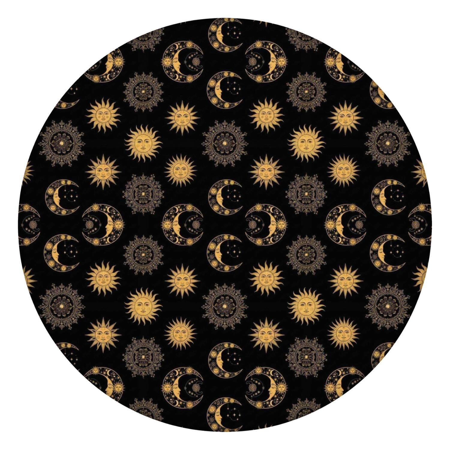 Black Gold Sun Moon Pattern Round Fitted Tablecloth with Elastic Edge ...