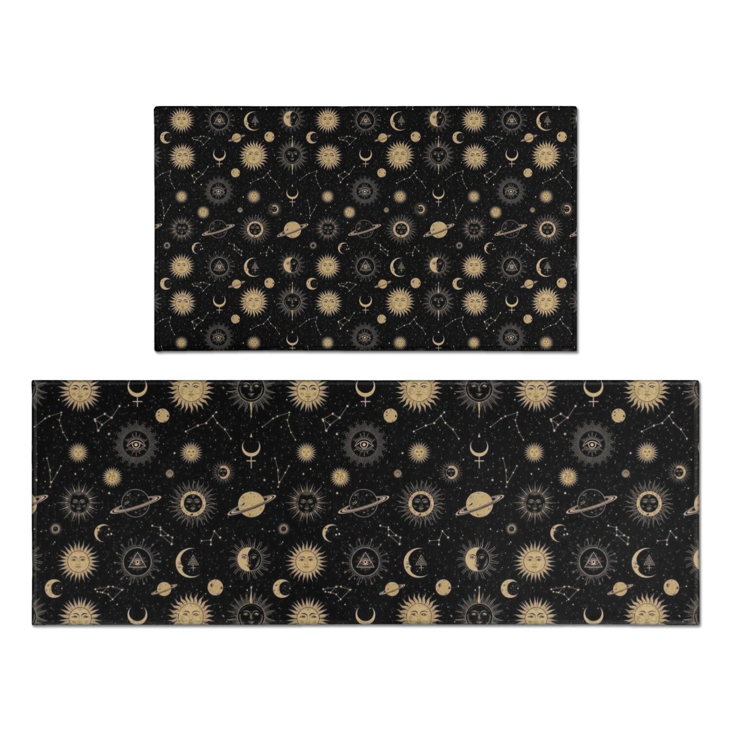 Black Gold Sun Moon Planet Star Pattern Kitchen Rugs Sets Of 2,Anti ...