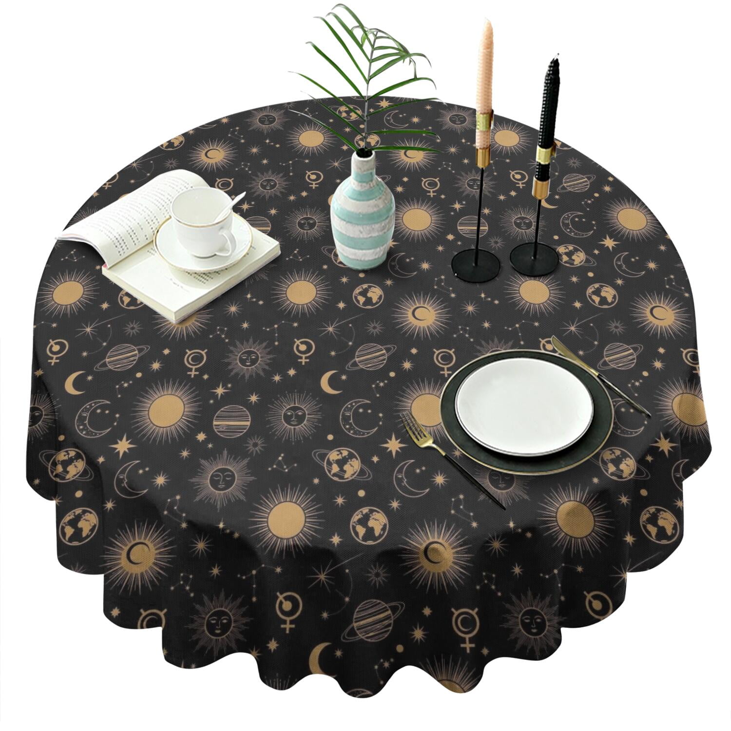 Black Gold Sun Moon Planet Star Pattern Round Tablecloth 60"x60 ...