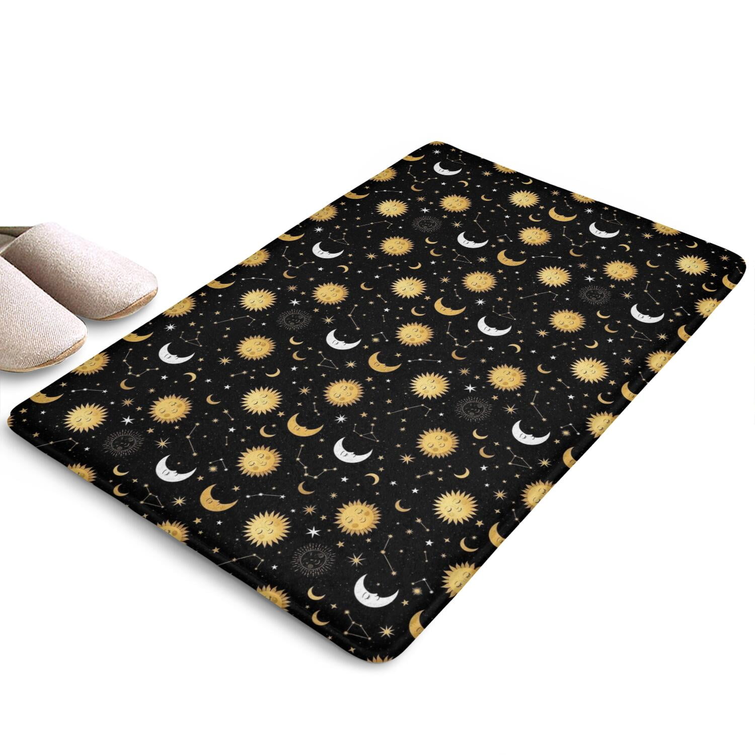 Black Gold Sun Moon Star Pattern Flannel Non Slip Door Rugs,Washable ...