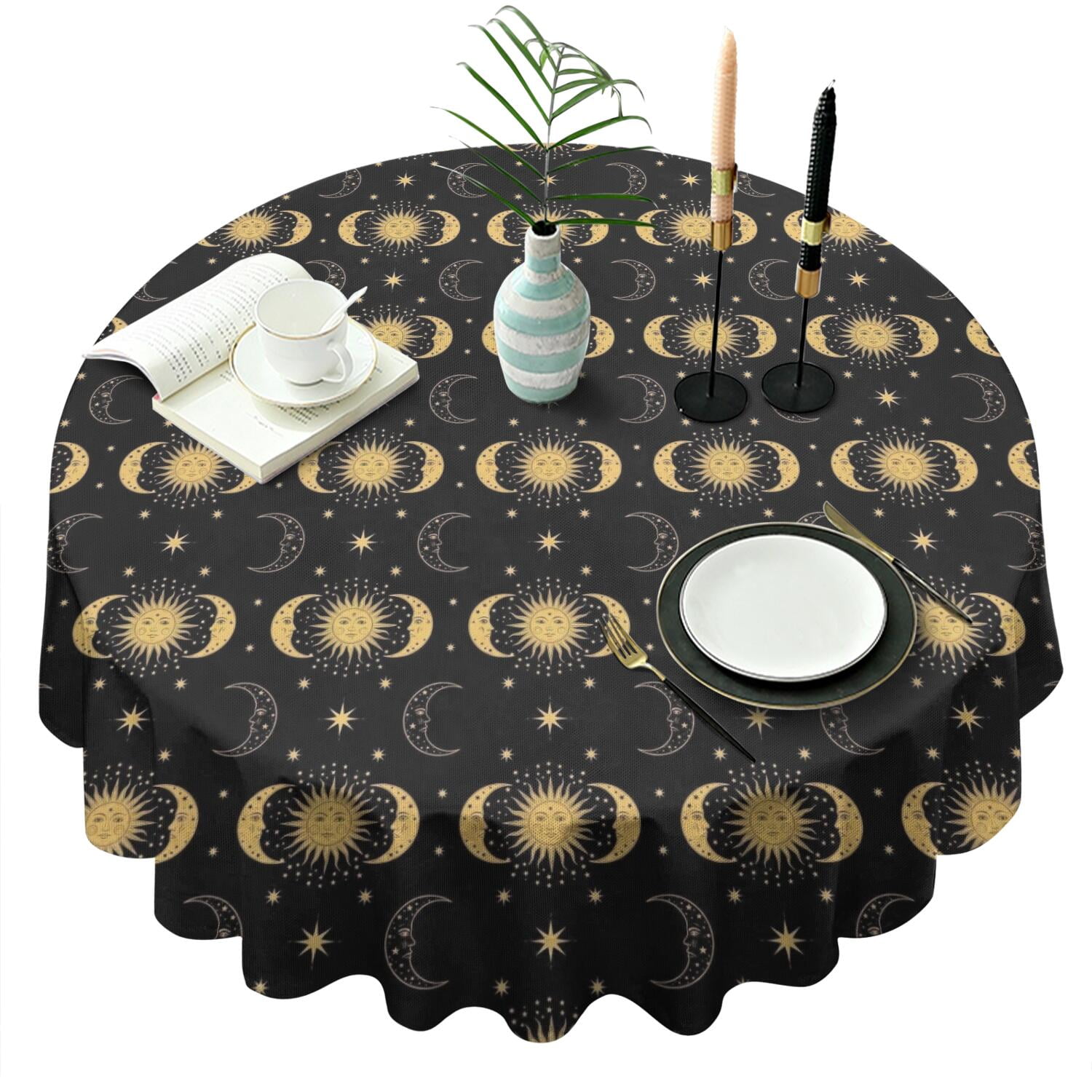 Black Gold Sun Moon Star Pattern Round Tablecloth 60"x60",Wrinkle ...