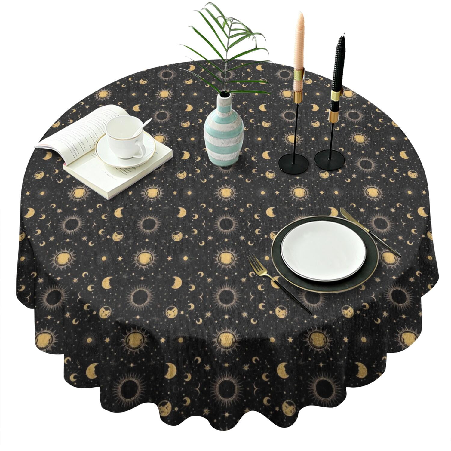 Black Gold Sun Moon Star Pattern Round Tablecloth 60"x60",Wrinkle ...