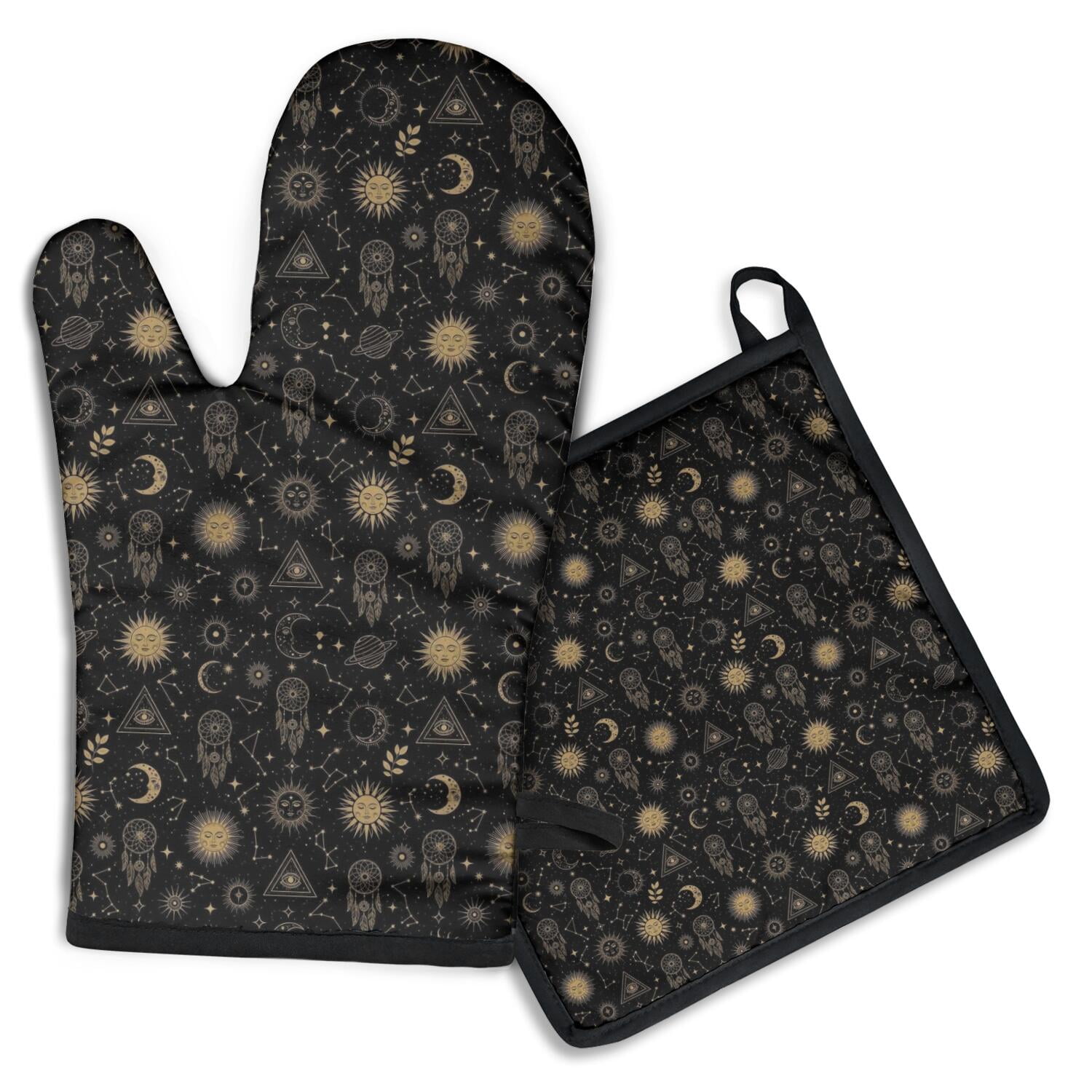 Black Gold Sun Moon Triangle Dreamcatcher Pattern Kitchen Oven Mitt and ...