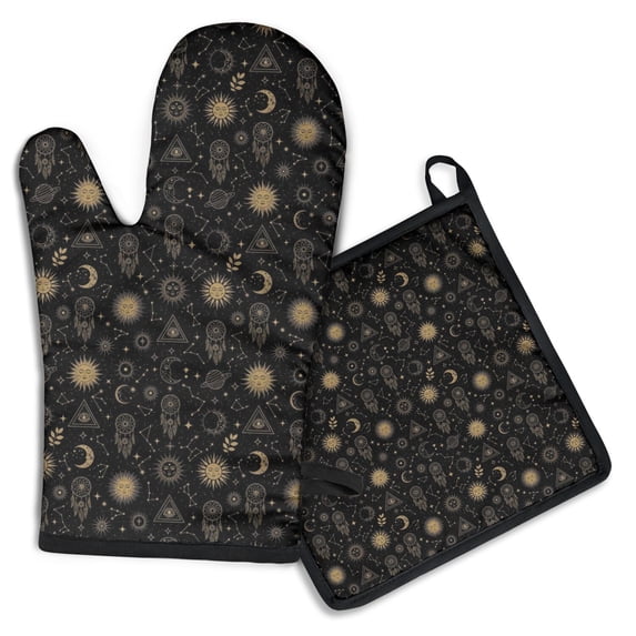 Black Gold Sun Moon Triangle Dreamcatcher Pattern Kitchen Oven Mitt and ...