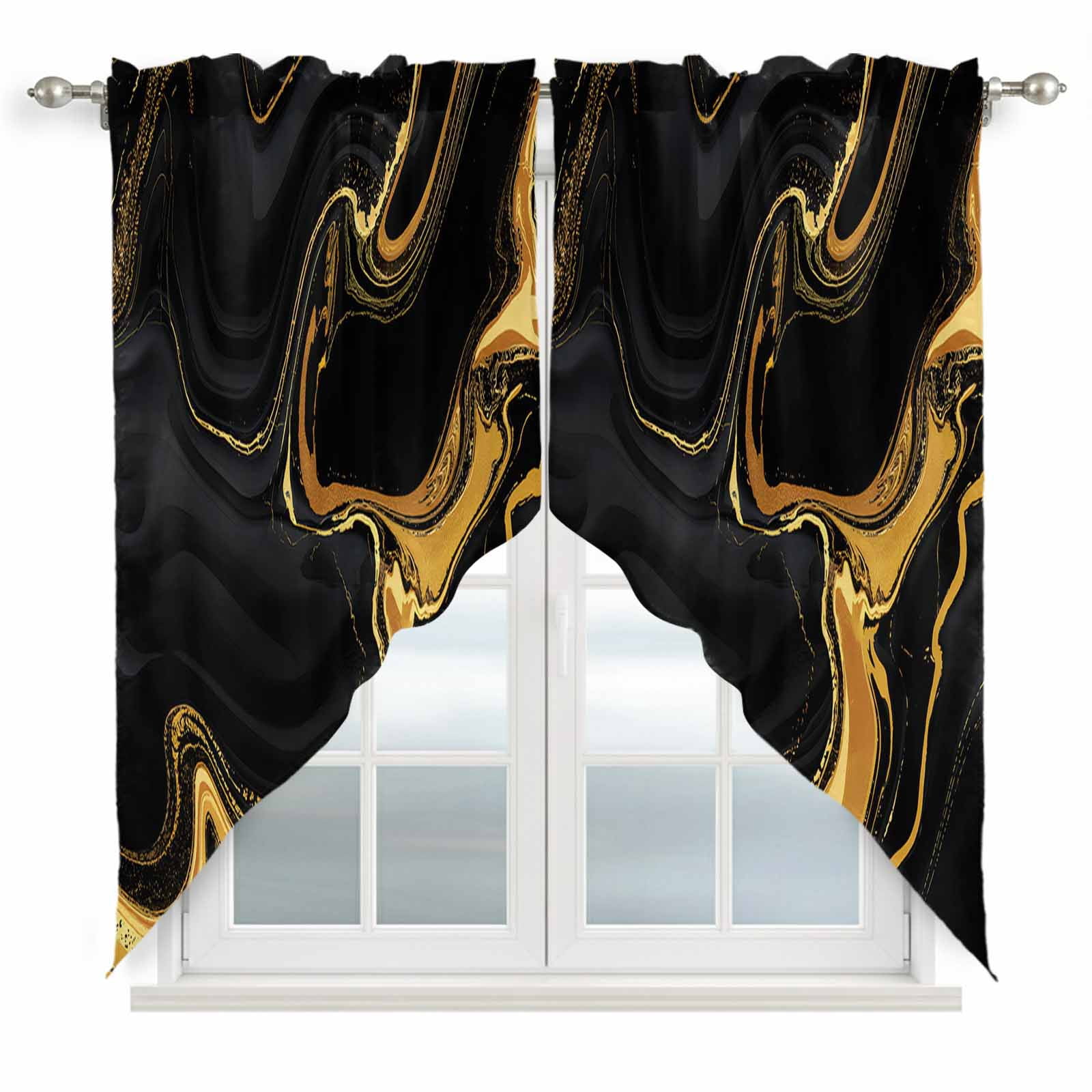 Black Gold Swag Curtain Valance for Window 2 Panels Marble Luxury ...