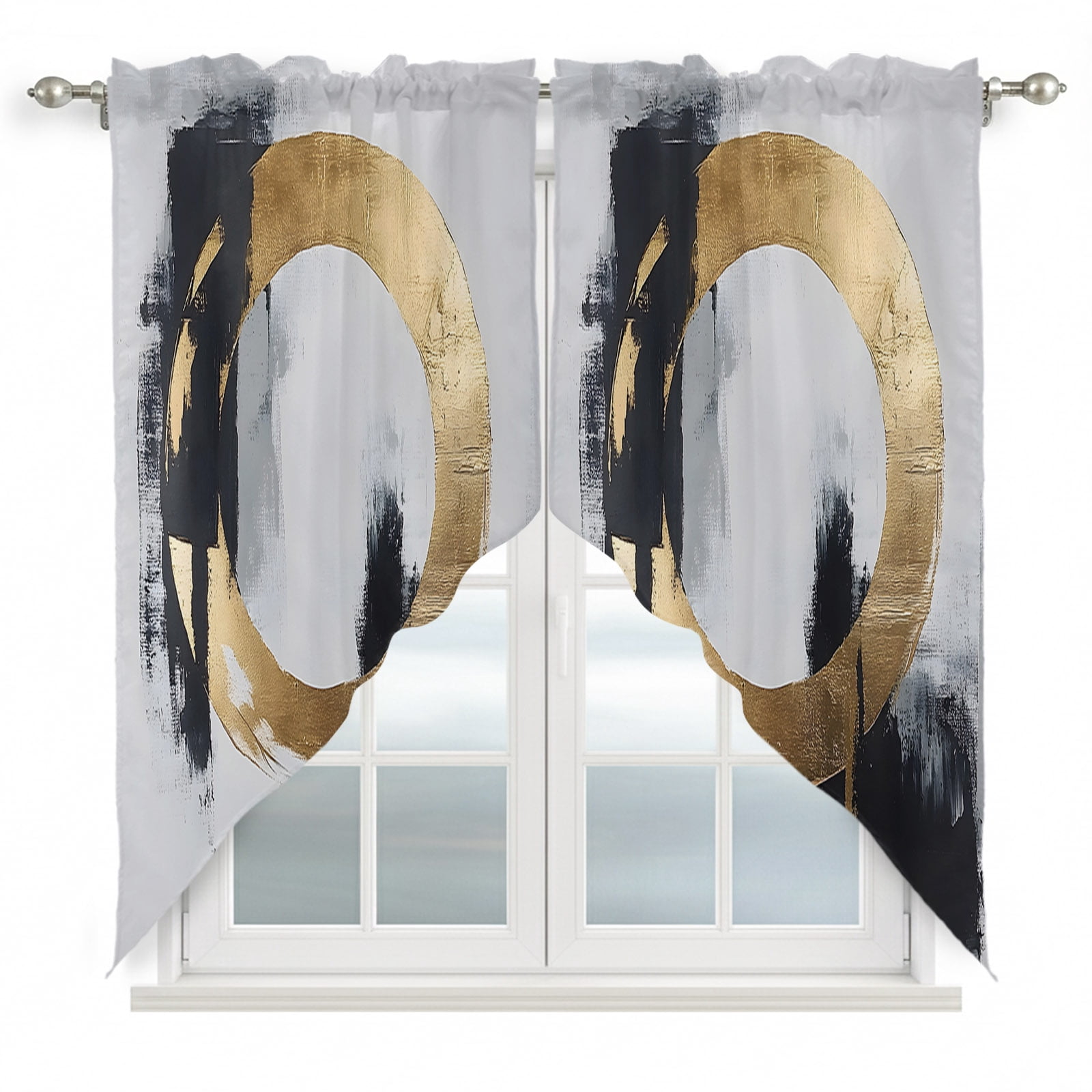 Black And Gold Swag Curtain Valance for Window 2 Panels round Abstract ...