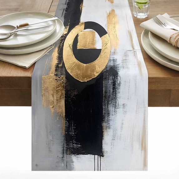 Black Gold Table Runner 13x108 inch round Watercolor Cotton Linen ...