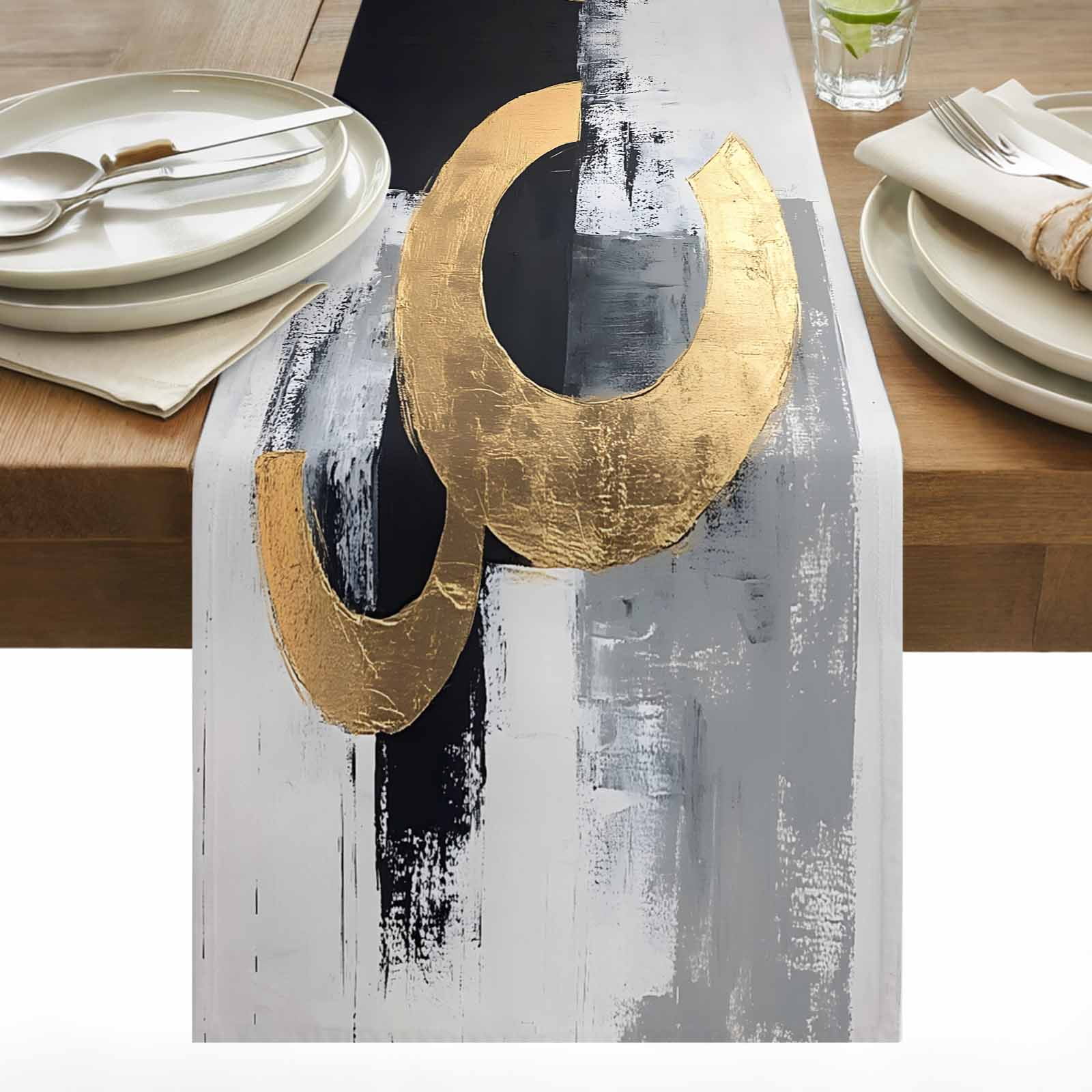 Black Gold Table Runner 13x120 inch Watercolor Geometric Cotton Linen ...