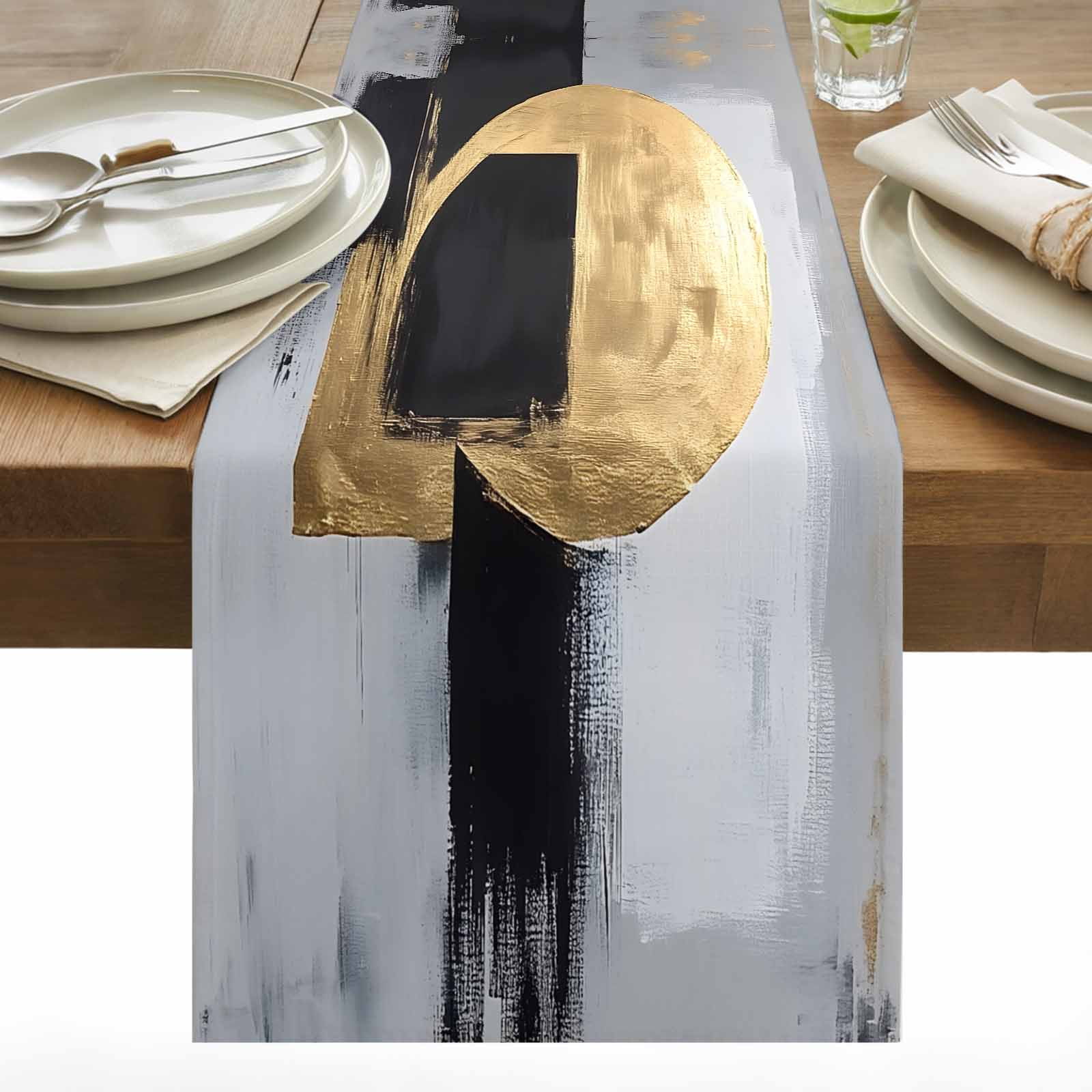 Black And Gold Table Runner 13x90 inch round Abstract Watercolor Cotton ...