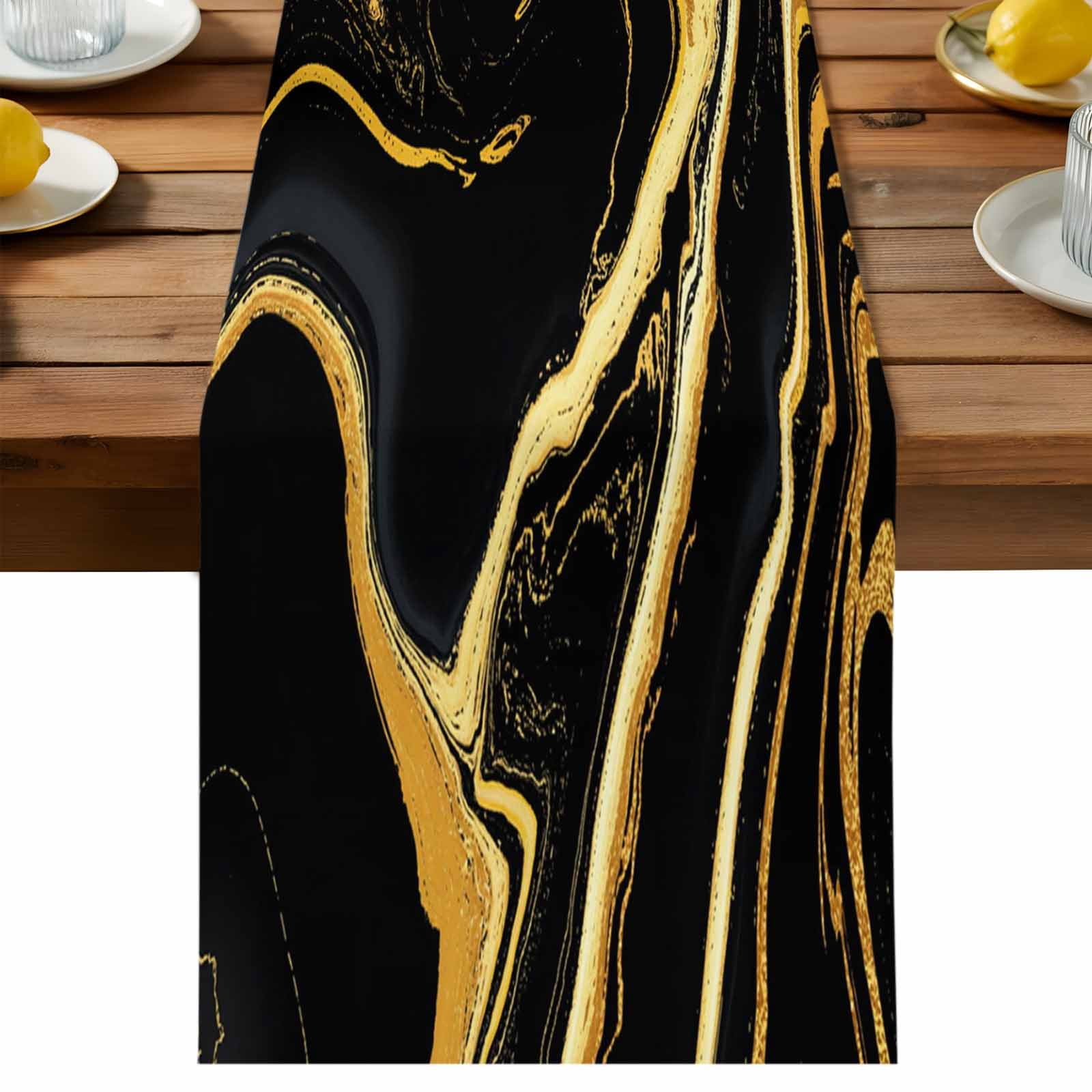 Black Gold Table Runner, Marble Luxury Abstract Glitter Fluid Pattern ...