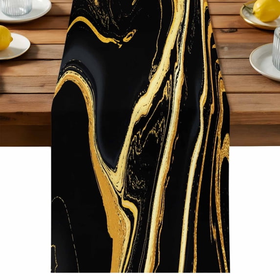 Black Gold Table Runner, Marble Luxury Abstract Glitter Fluid Pattern ...