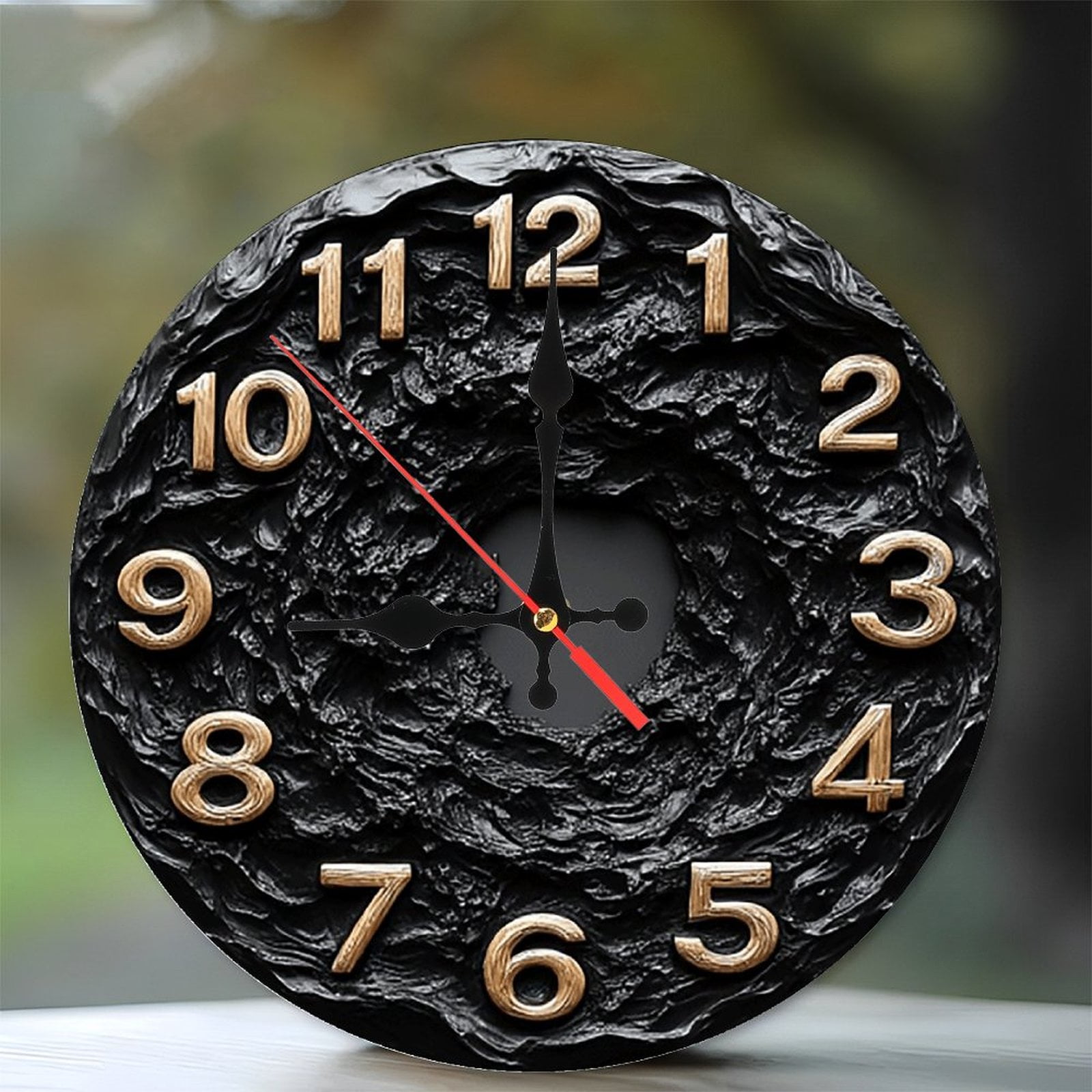 Black Gold Textured Wall Clock Home Decor 10-Inch Silent Wooden Wall Clock, Battery Operated (AA ...