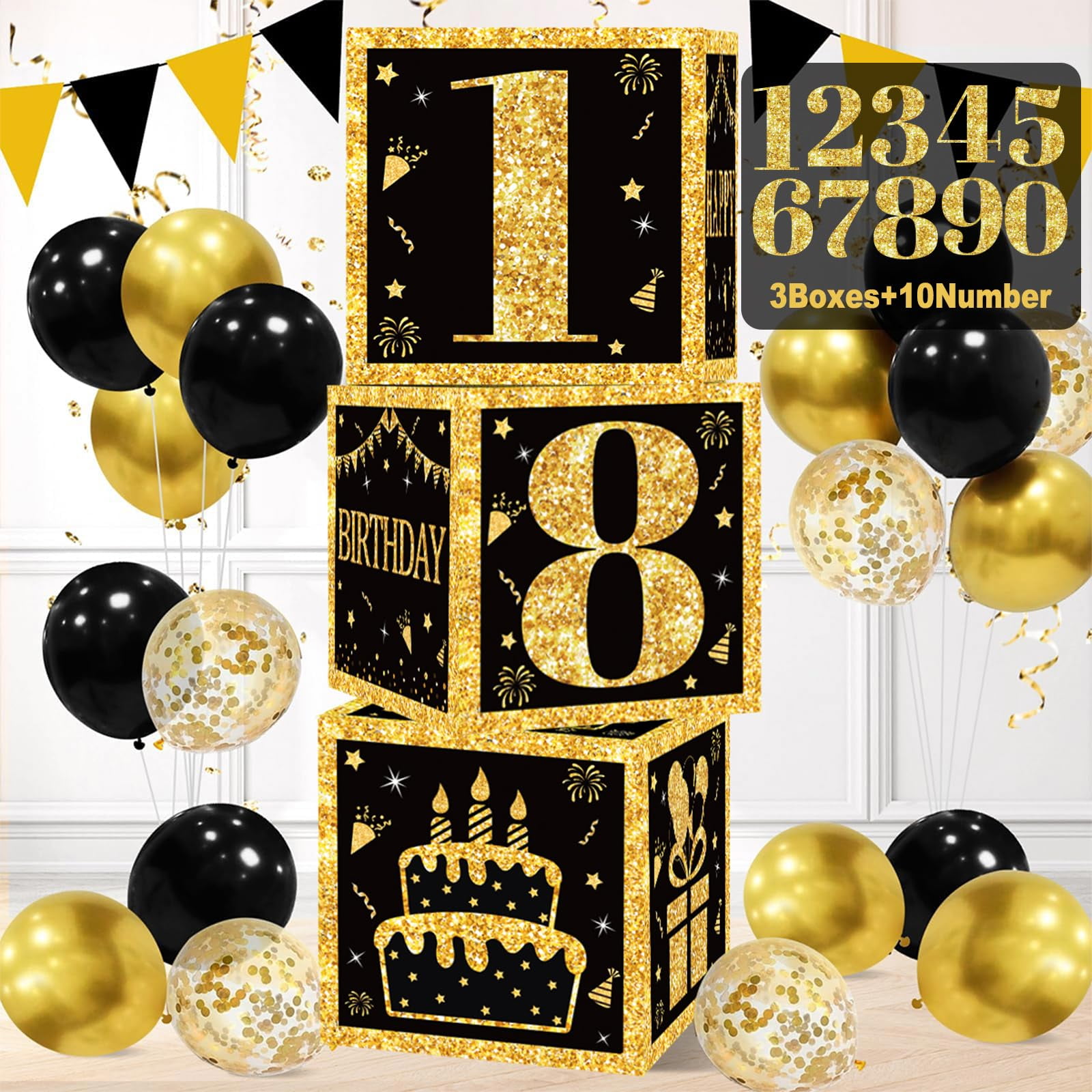 Black Gold Theme Birthday Boxes for Men s, 3PCS Sturdy Cardboard Decor ...