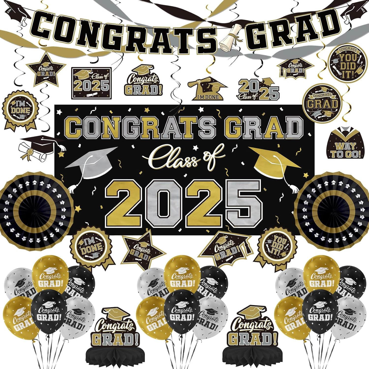 Black and Gold Themed 2025 Graduation Decorations Set - Congrats Grad ...