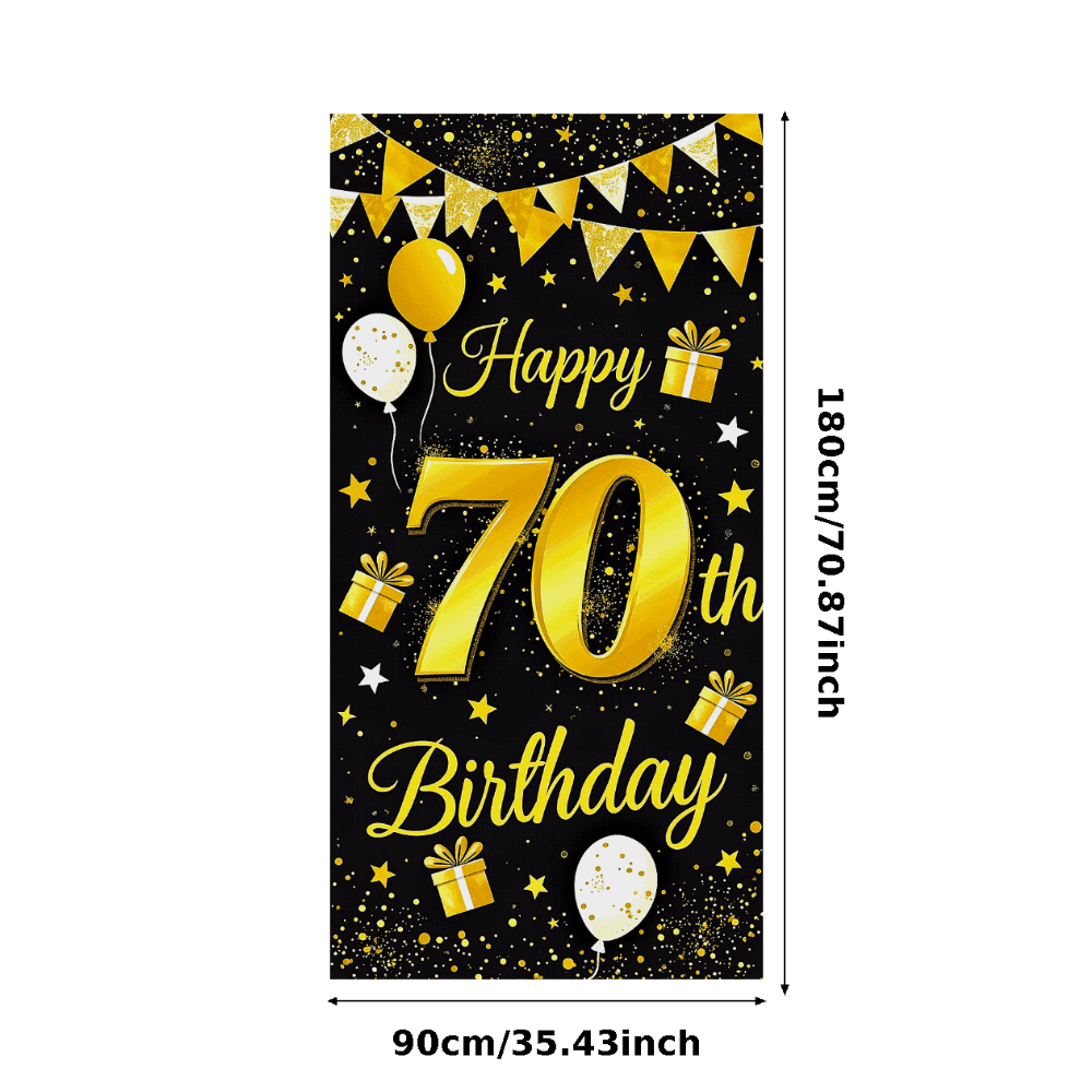 Black and Gold Themed 70th Birthday Banner Backdrop with Balloons Gifts ...