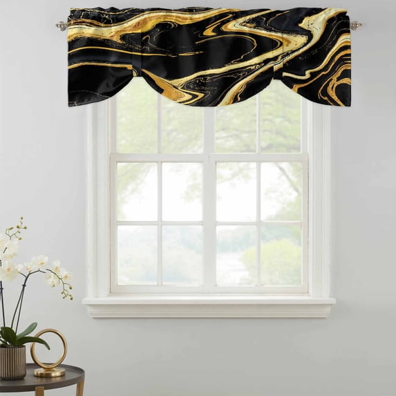 Black Gold Tie Up Valances Curtain, Marble Luxury Abstract Glitter ...