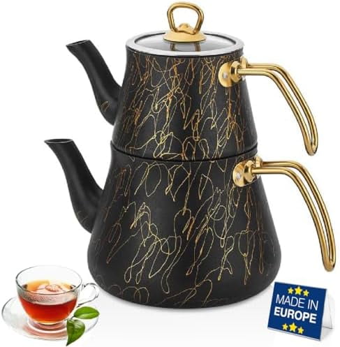 Black & Gold Turkish Tea Pots Set for Stove Top, Granite Double Teapot ...