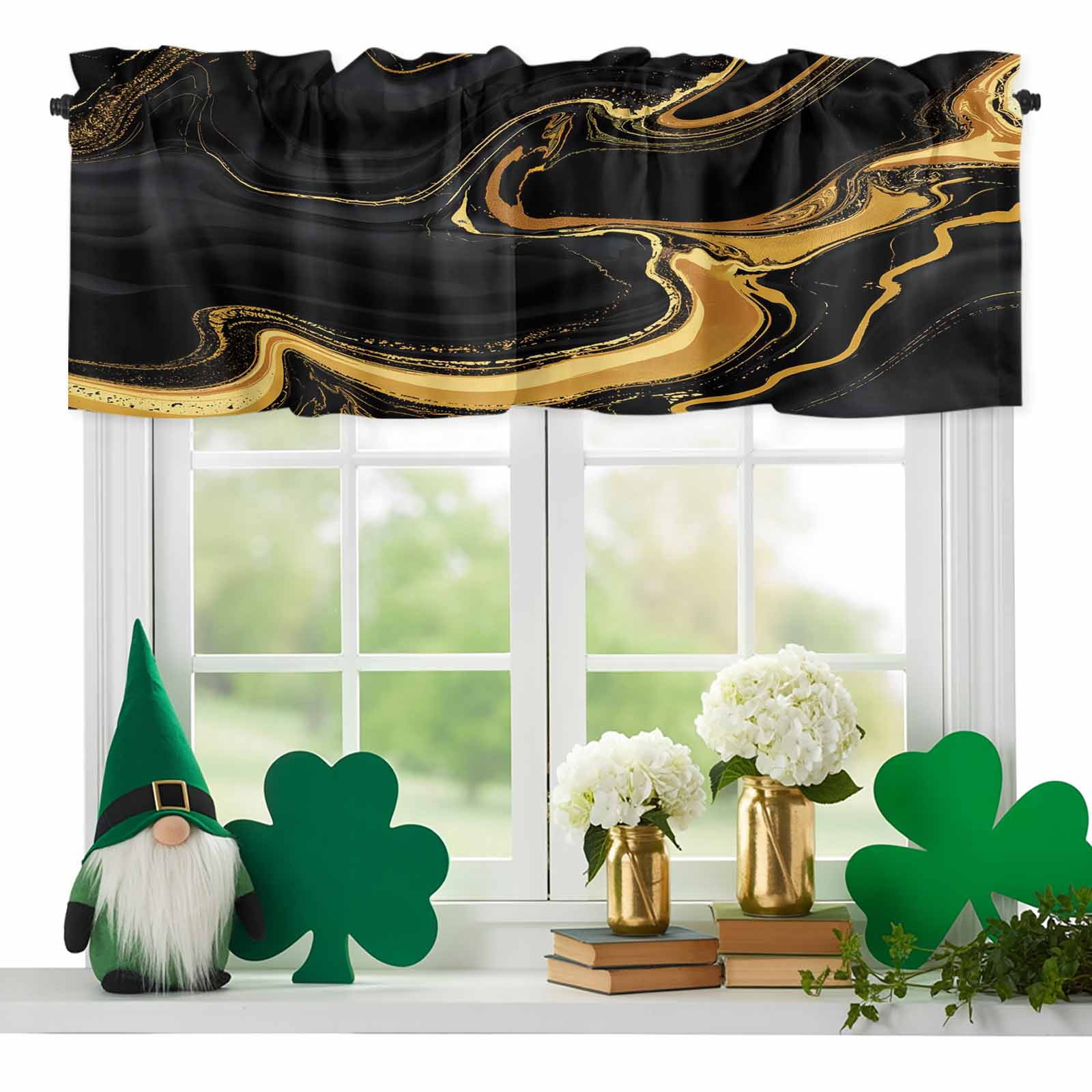 Black Gold Valances for Windows, Marble Luxury Abstract Abstract Fluid ...