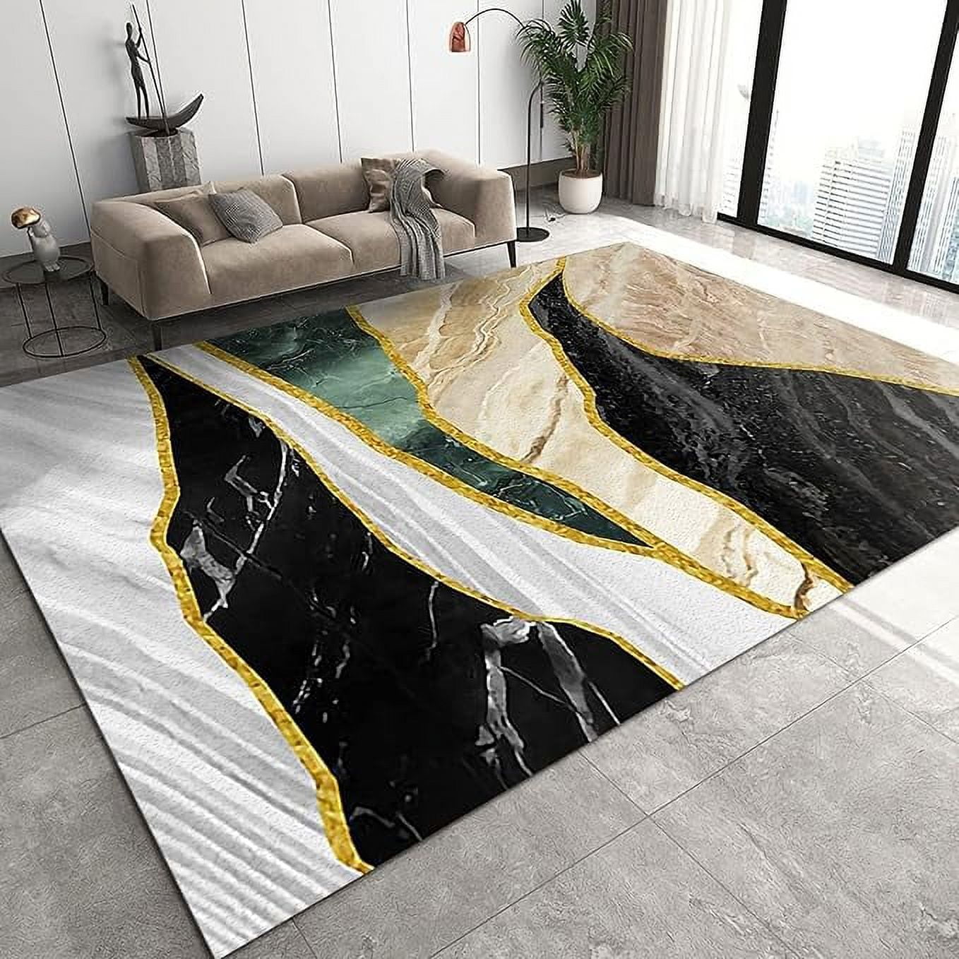 Black Gold White Geometric Stripes Area Rug, Emerald Green Irregular ...