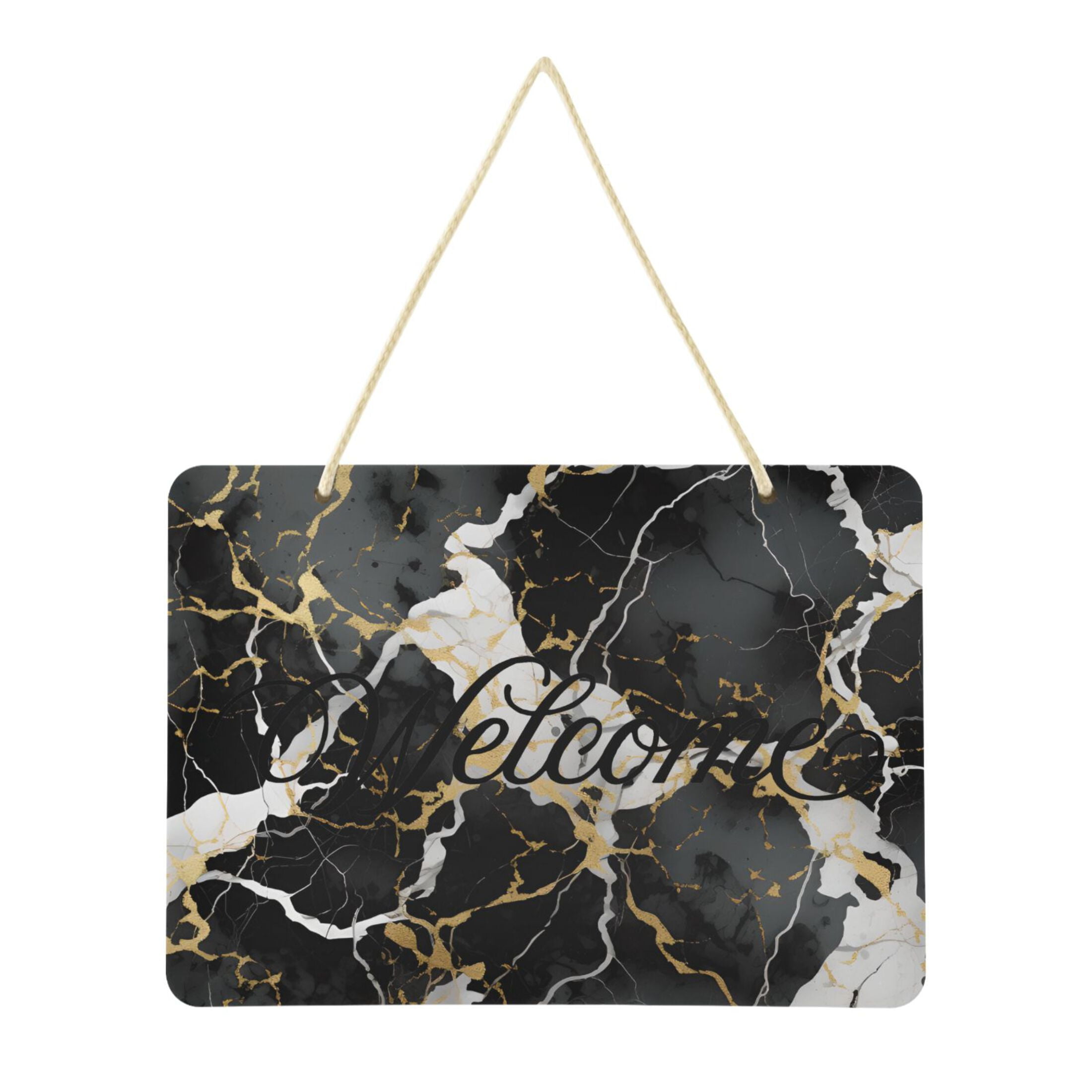 Black Gold White Marble Welcome Sign Front Door PVC 14x10 inch Hanger ...