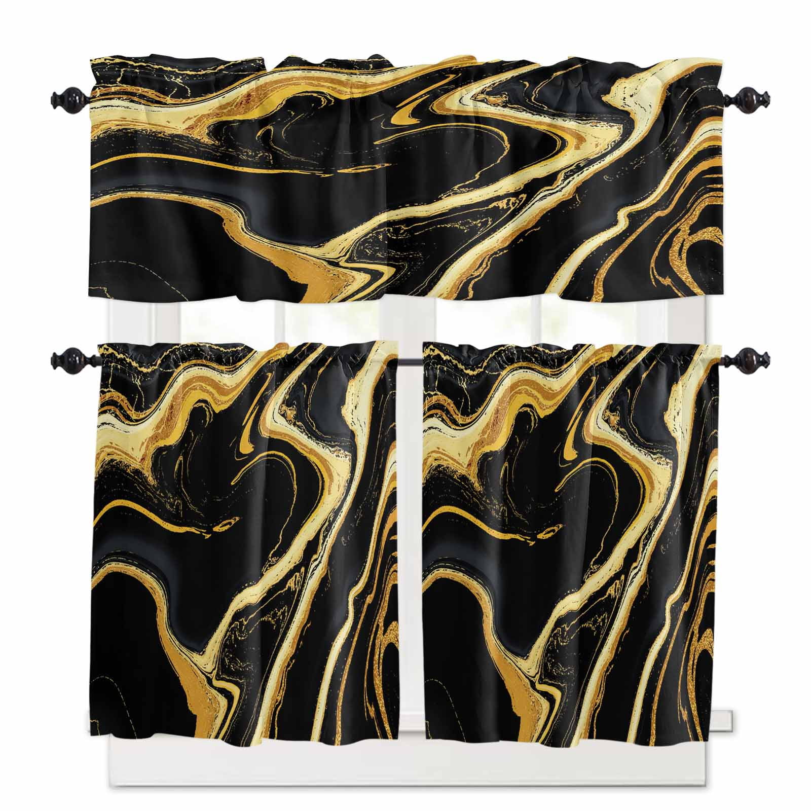 Black Gold Window Curtains Valance Set of 3 Marble Luxury Abstract ...