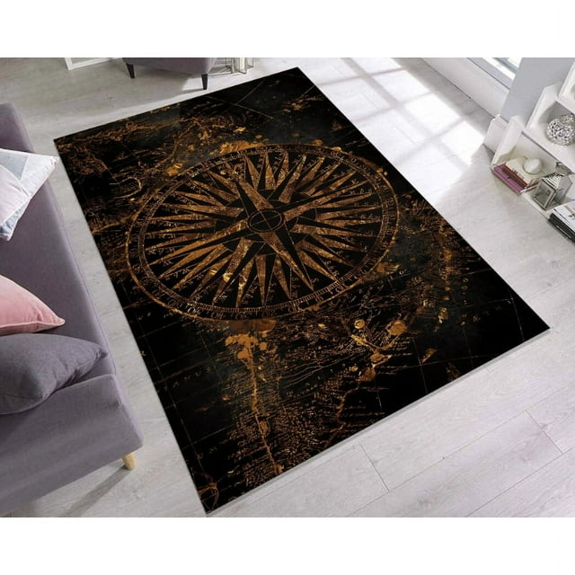 Black Gold World Map Carpet Compass r Pirate Navigation Home Area Rug ...