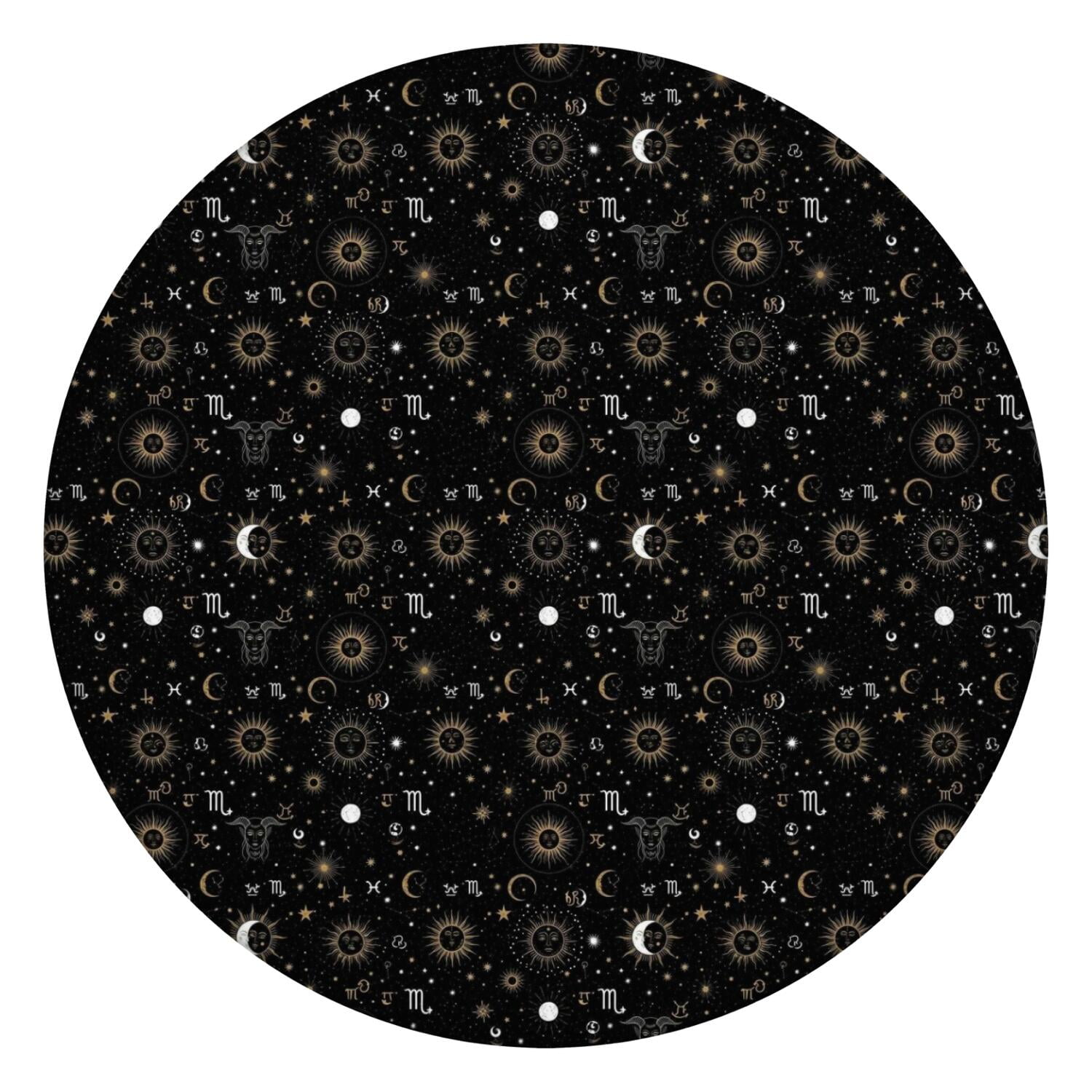Black Gold Zodiac Sun Moon Pattern Round Fitted Tablecloth with Elastic ...