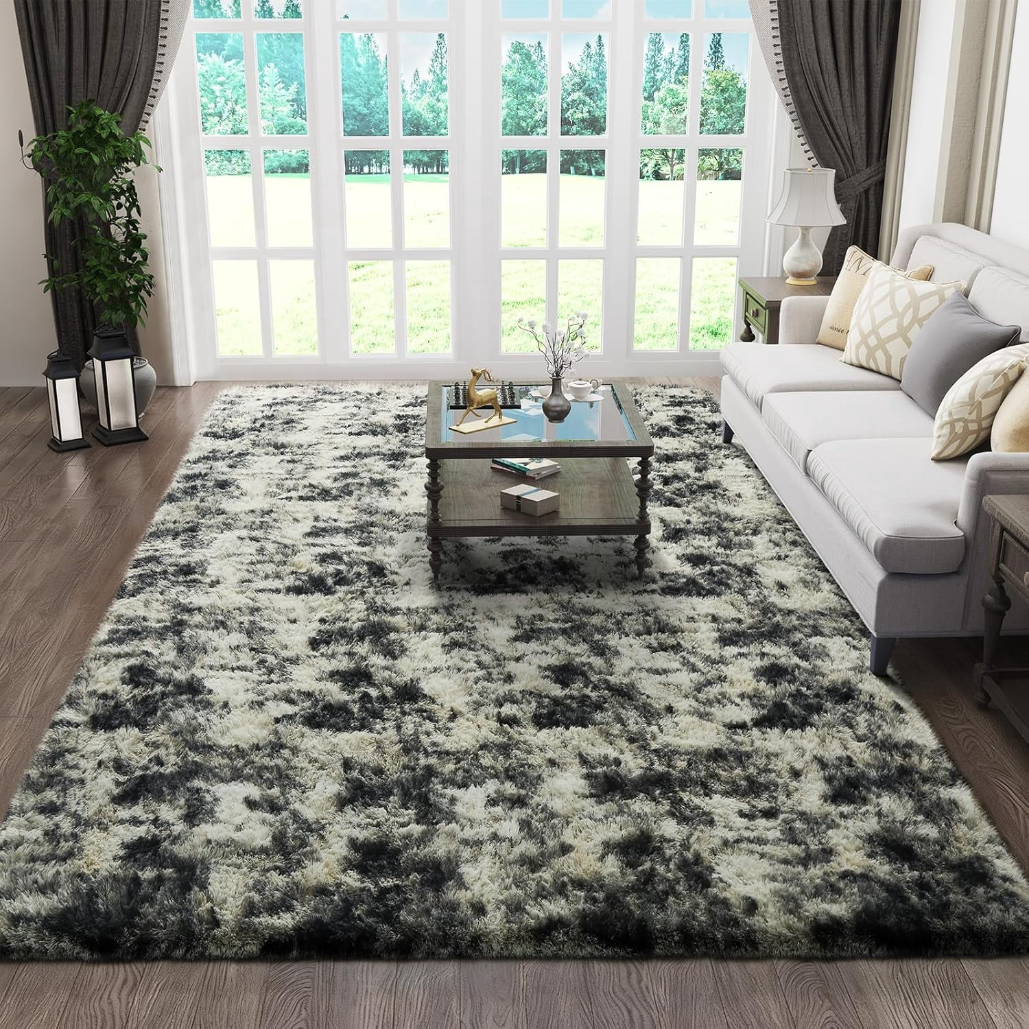 Black Gold and Grey Area Rug 5x7, Soft Fluffy Shag Carpet for Living ...