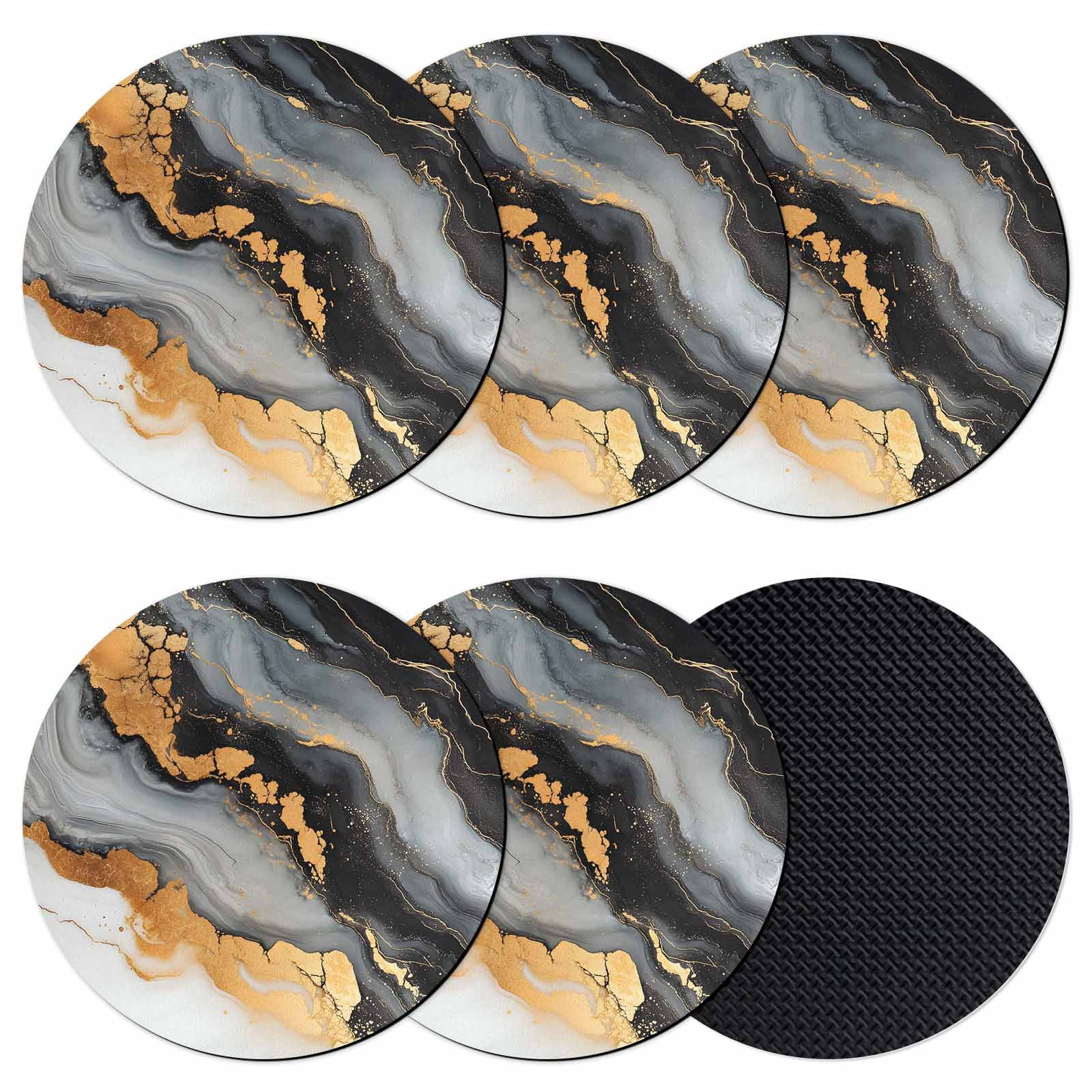 Black Golden Coasters Set of 6, Marble Aesthetics Modern Ink Painted ...