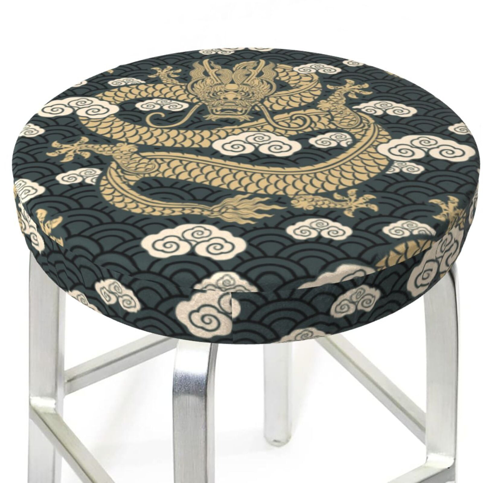 Black Golden Dragon Lanterns Bar Stool Covers - Stretch Round Seat ...