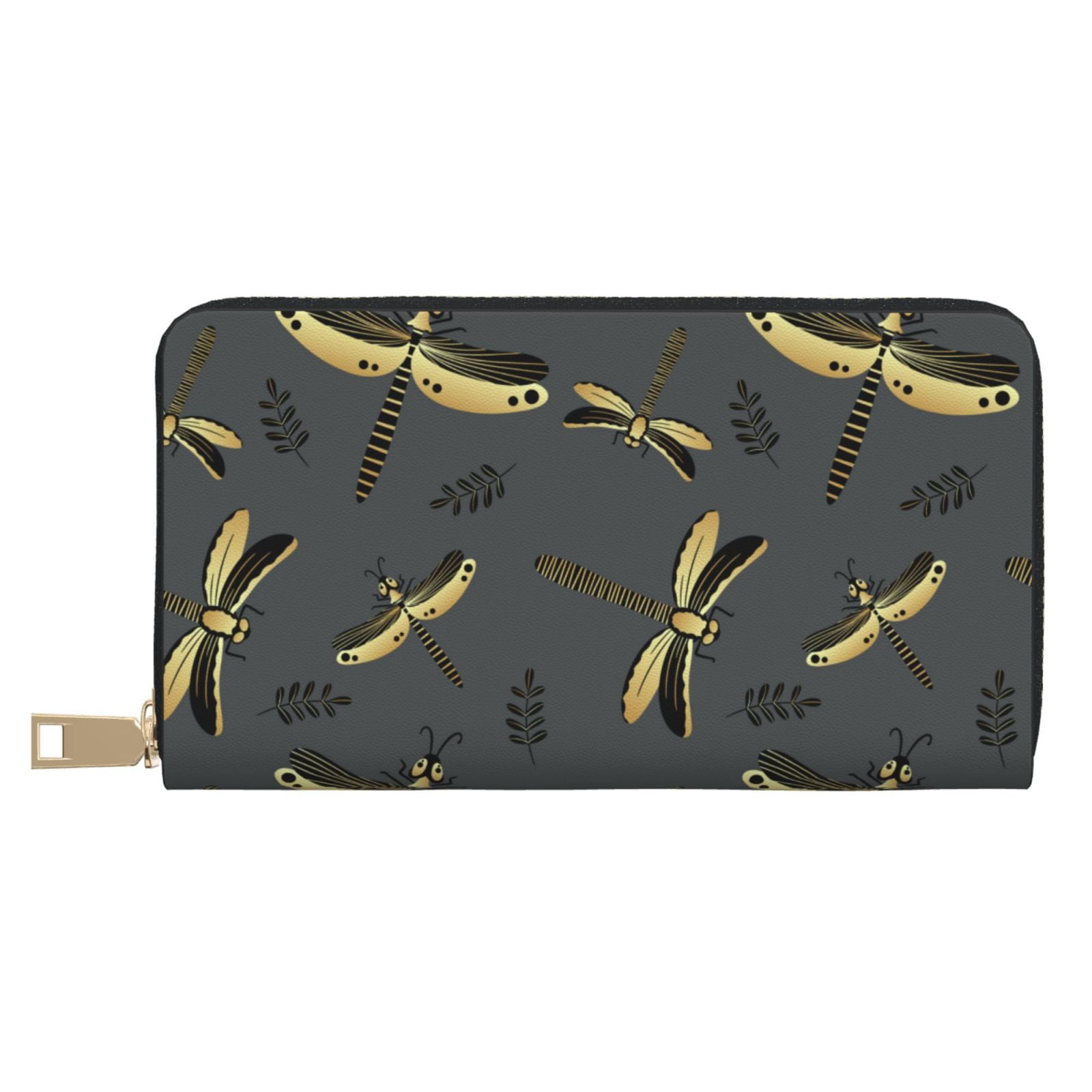 Black Golden Dragonfly Wallet Women, Leather Bifold Multi Card Wallet ...