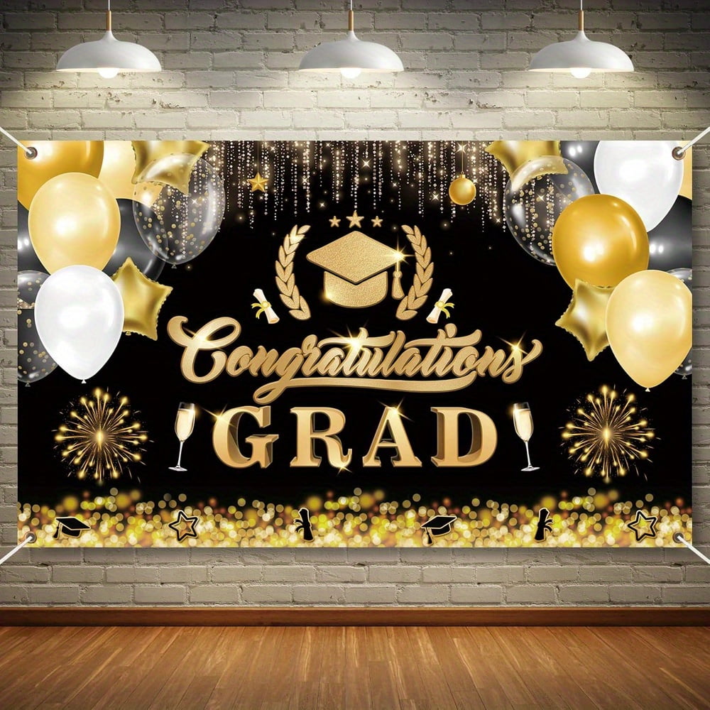 Black and Golden Graduation Backdrop - "Congrats GRAD" Design with ...