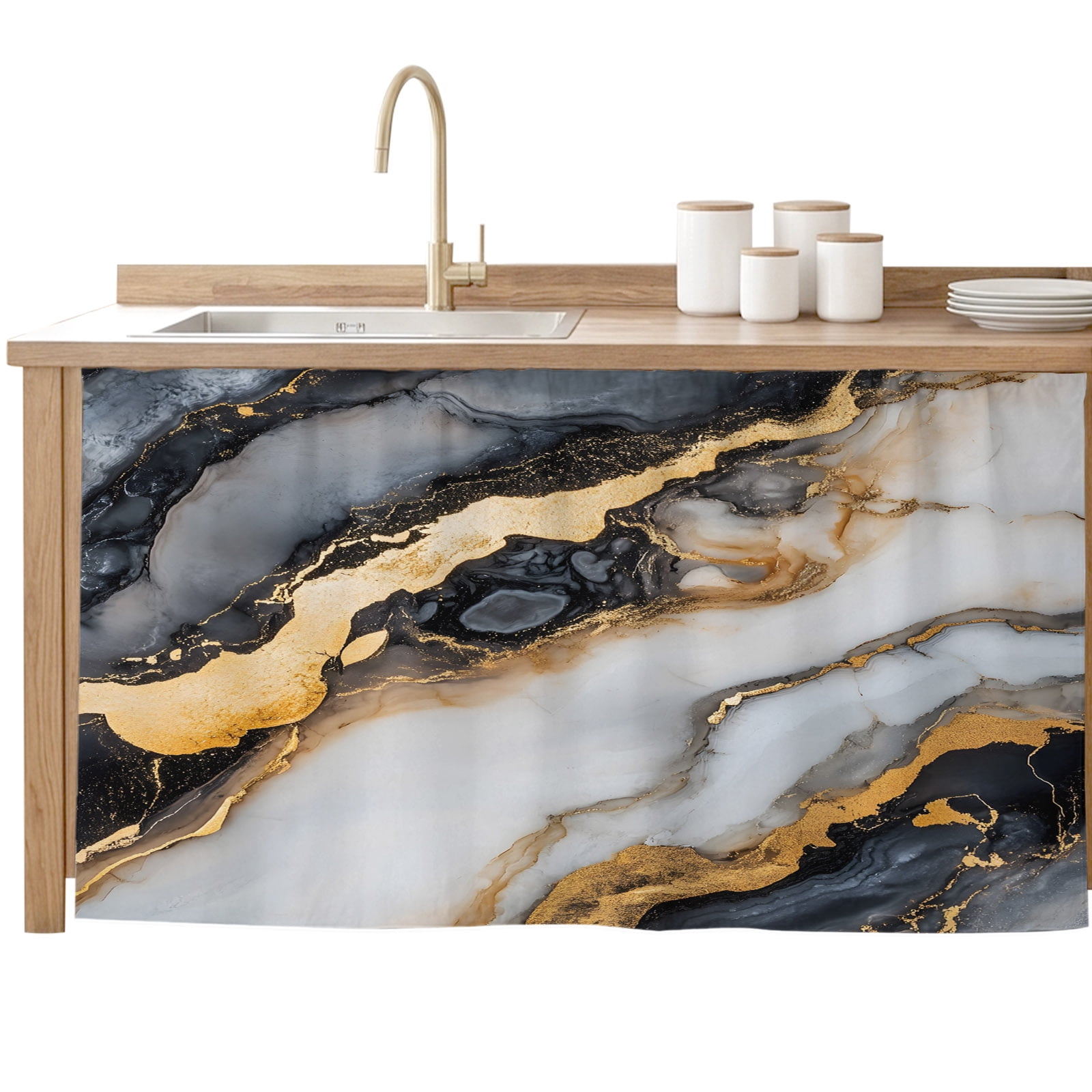 Black Golden Marble Cabinet Curtains 32"W x 55"L,Dustproof Sink Skirt ...