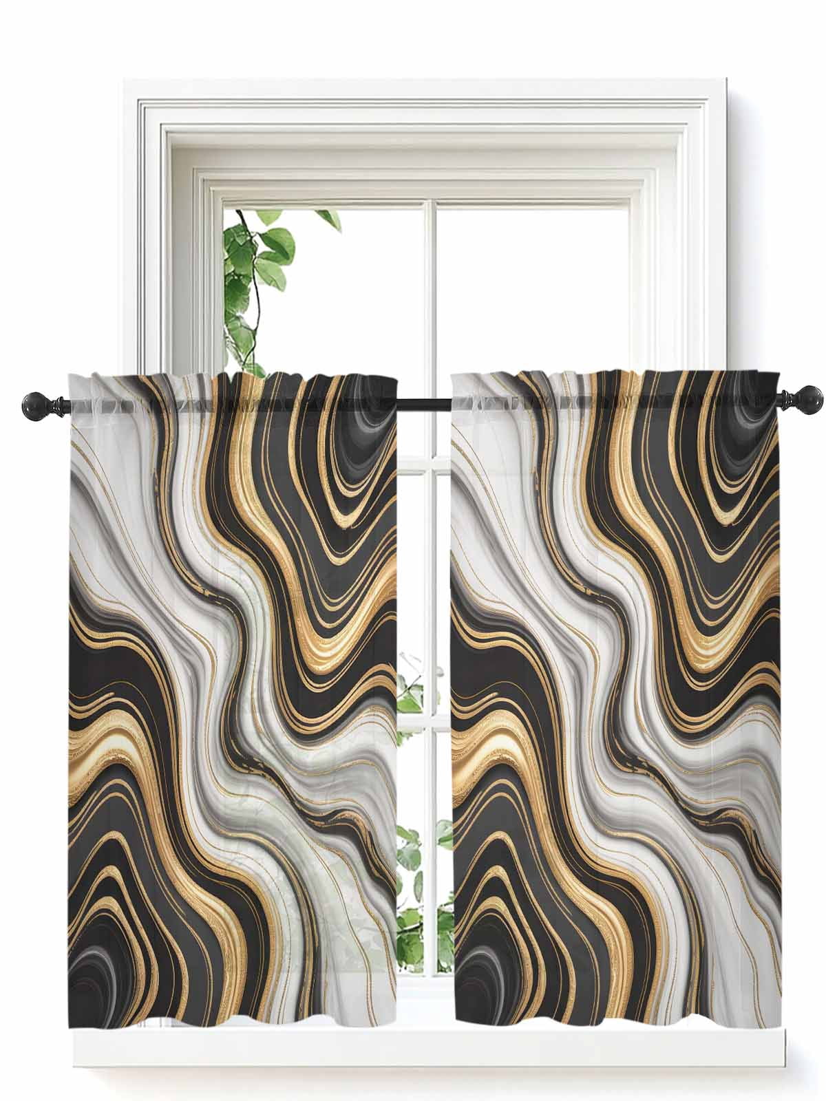 Black Golden Marble Curtains 45 Inch Length, Sheer Curtains for Bedroom ...